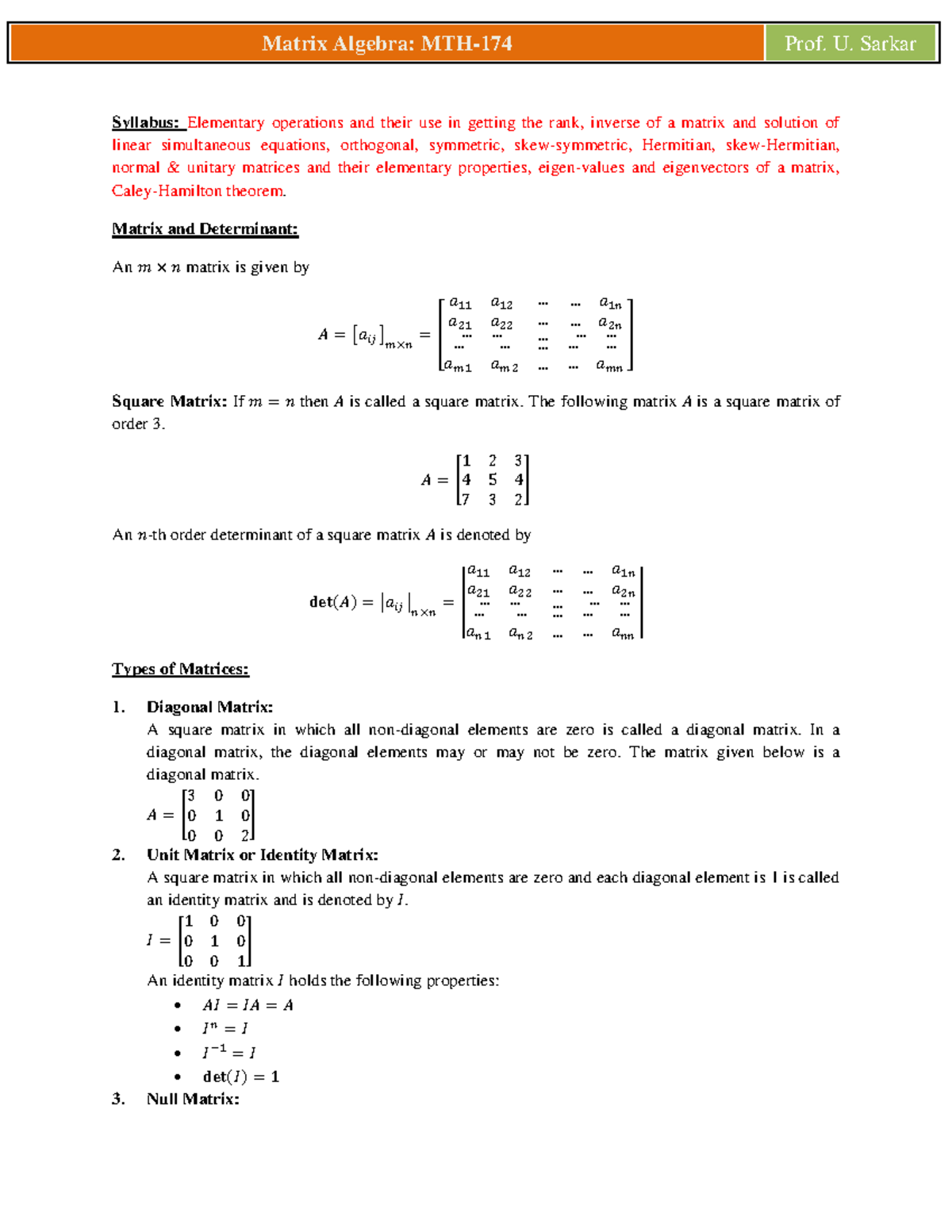 Matrices notes - Syllabus: Elementary operations and their use in ...