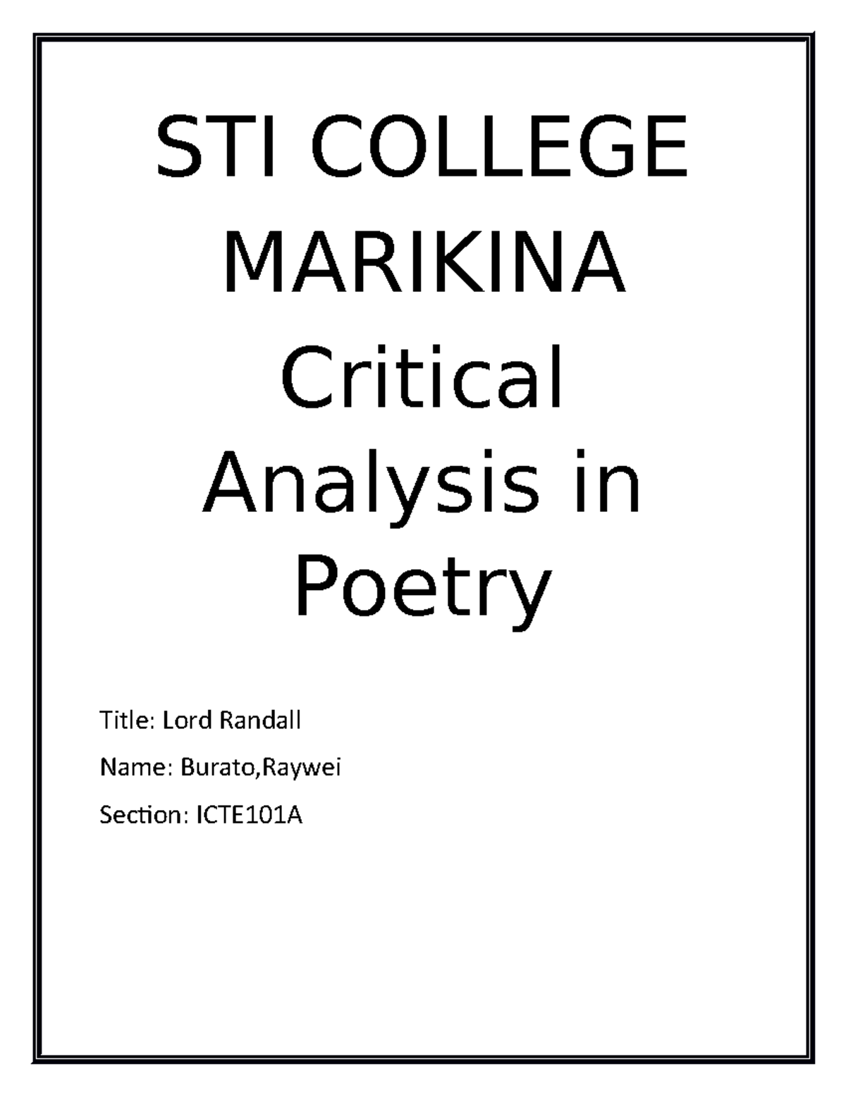 RB Critical Analysis in Poetry Written Work - STI COLLEGE MARIKINA ...