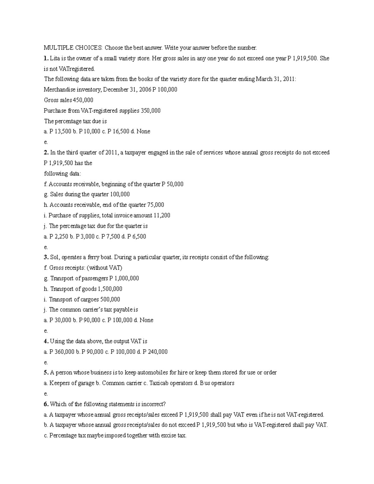 Tax Test Bank - Taxation - MULTIPLE CHOICES: Choose the best answer ...