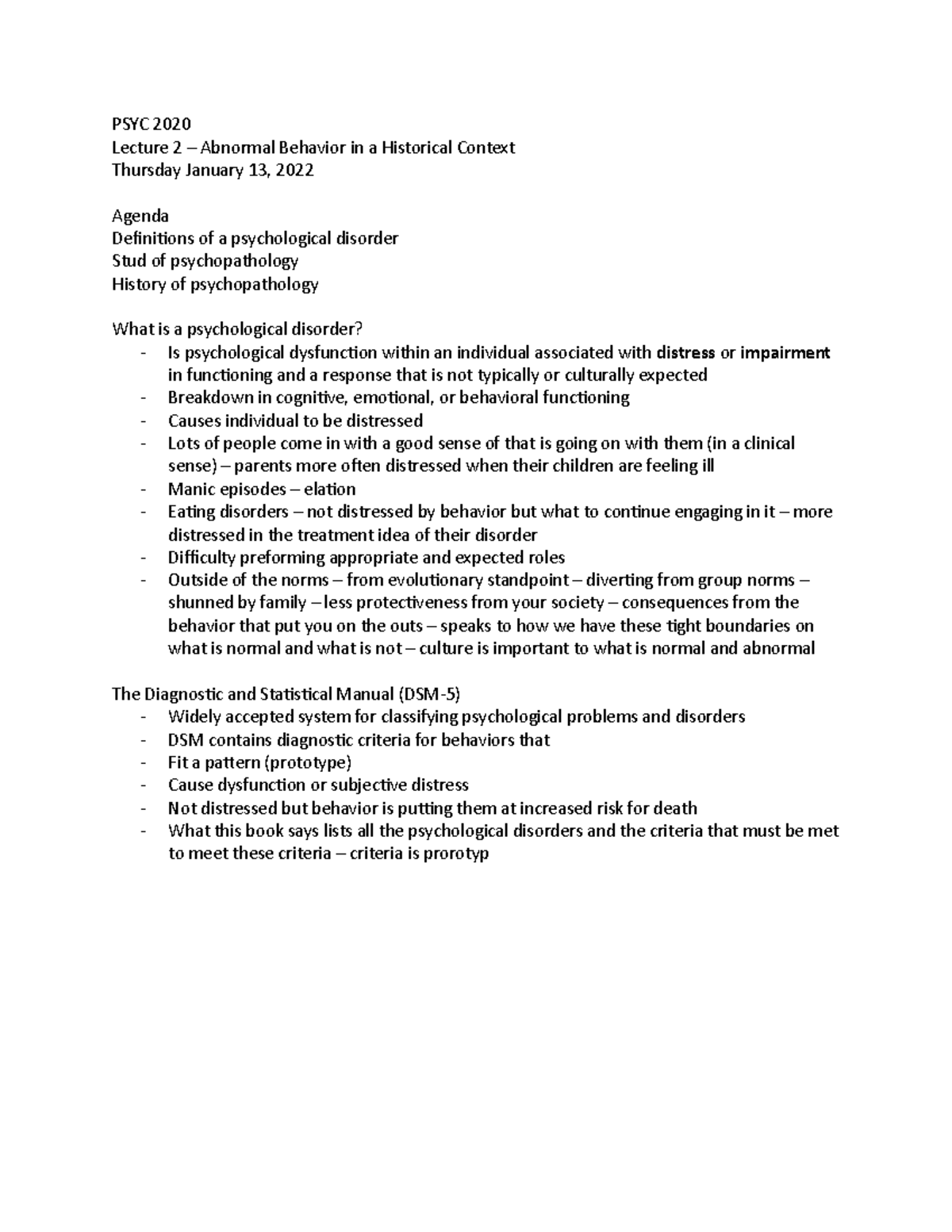 Psyc 2020 Lecture 2 Psyc 2020 Lecture 2 Abnormal Behavior In A Historical Context Thursday