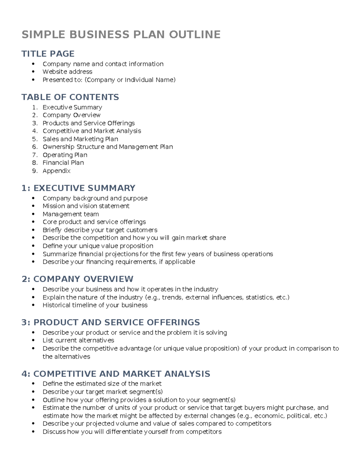 Business plan contents - SIMPLE BUSINESS PLAN OUTLINE TITLE PAGE ...