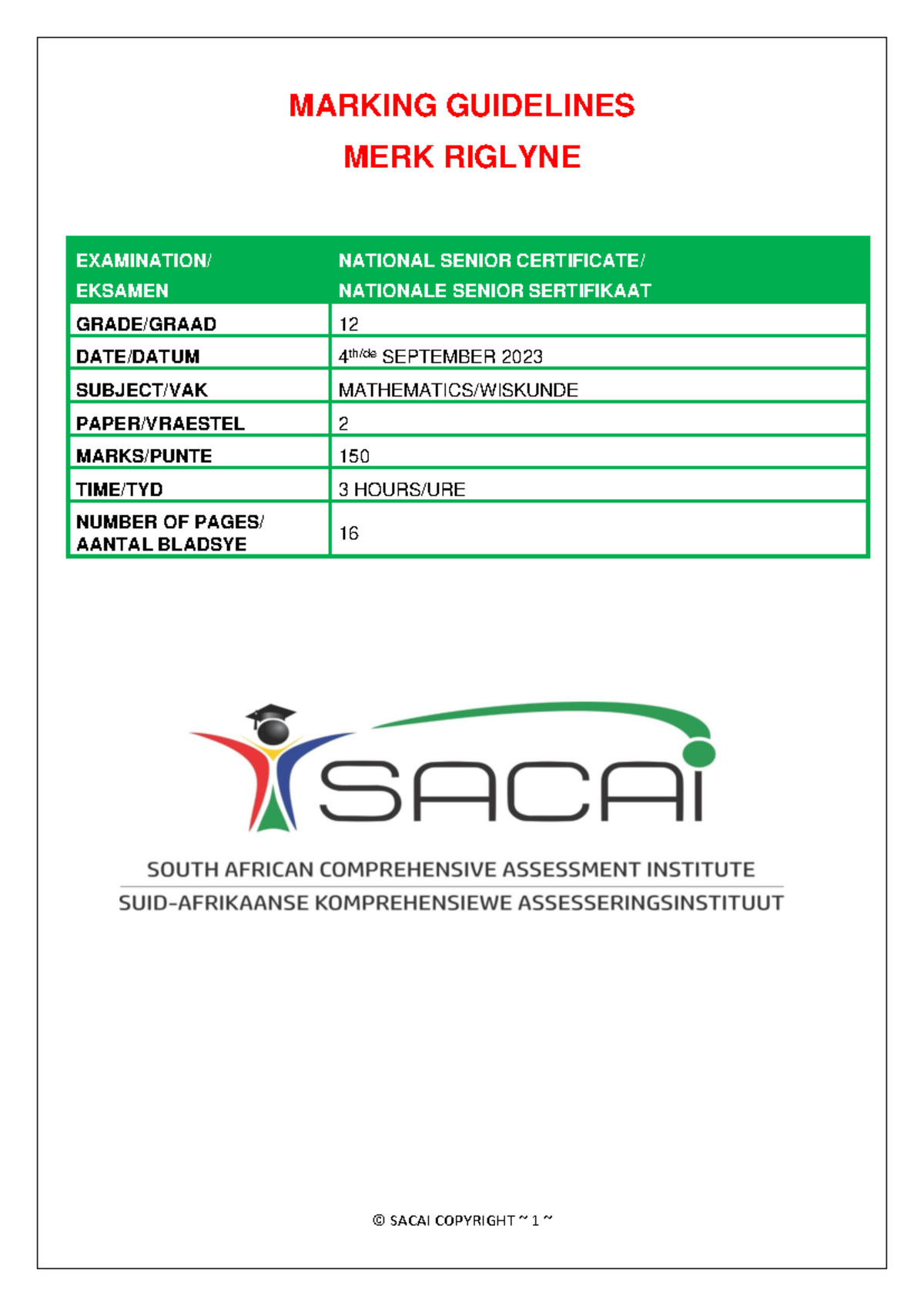 Maths P2 Prelim 2023 memo - MARKING GUIDELINES MERK RIGLYNE EXAMINATION/ EKSAMEN NATIONAL SENIOR ...