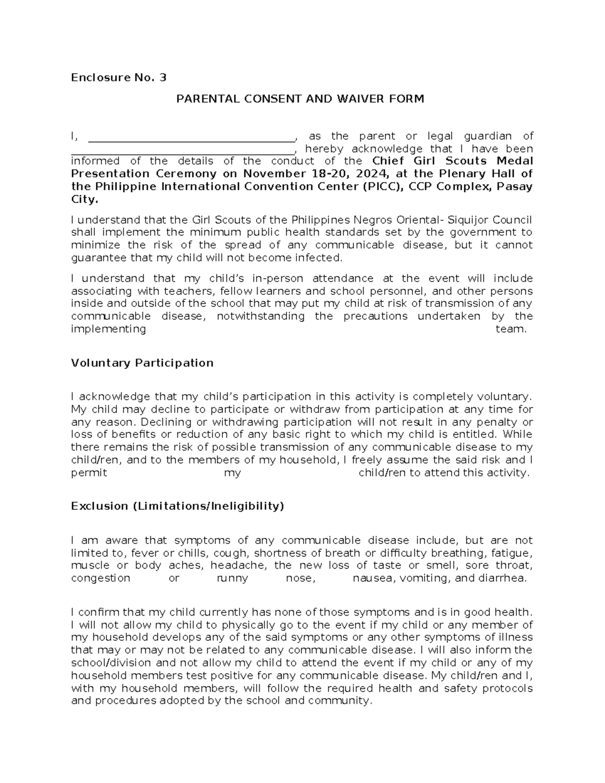 2-parents-consent - sample parents consent and waiver - Enclosure No. 3 ...