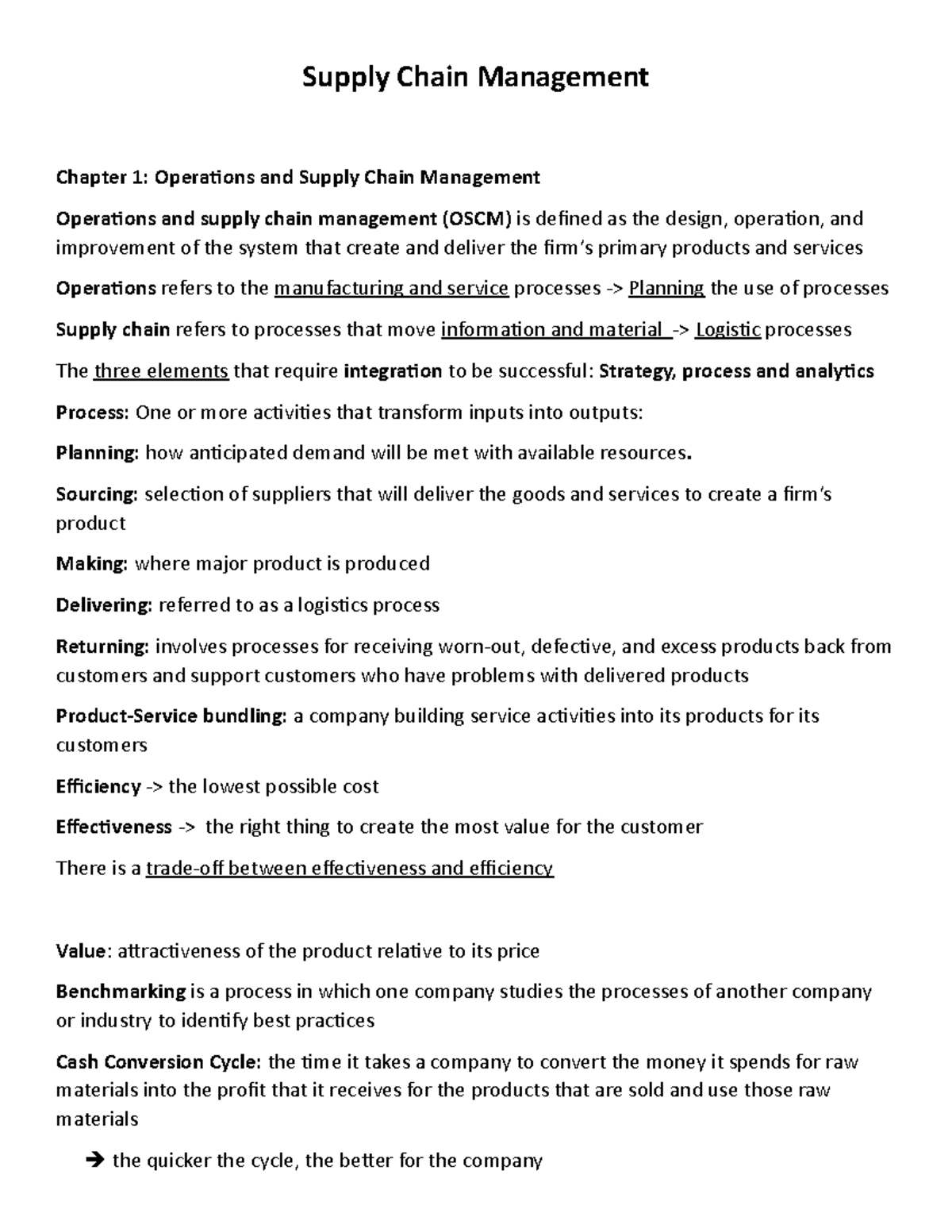 Chapter 1 - Summary - Supply Chain Management Chapter 1: Operations and ...