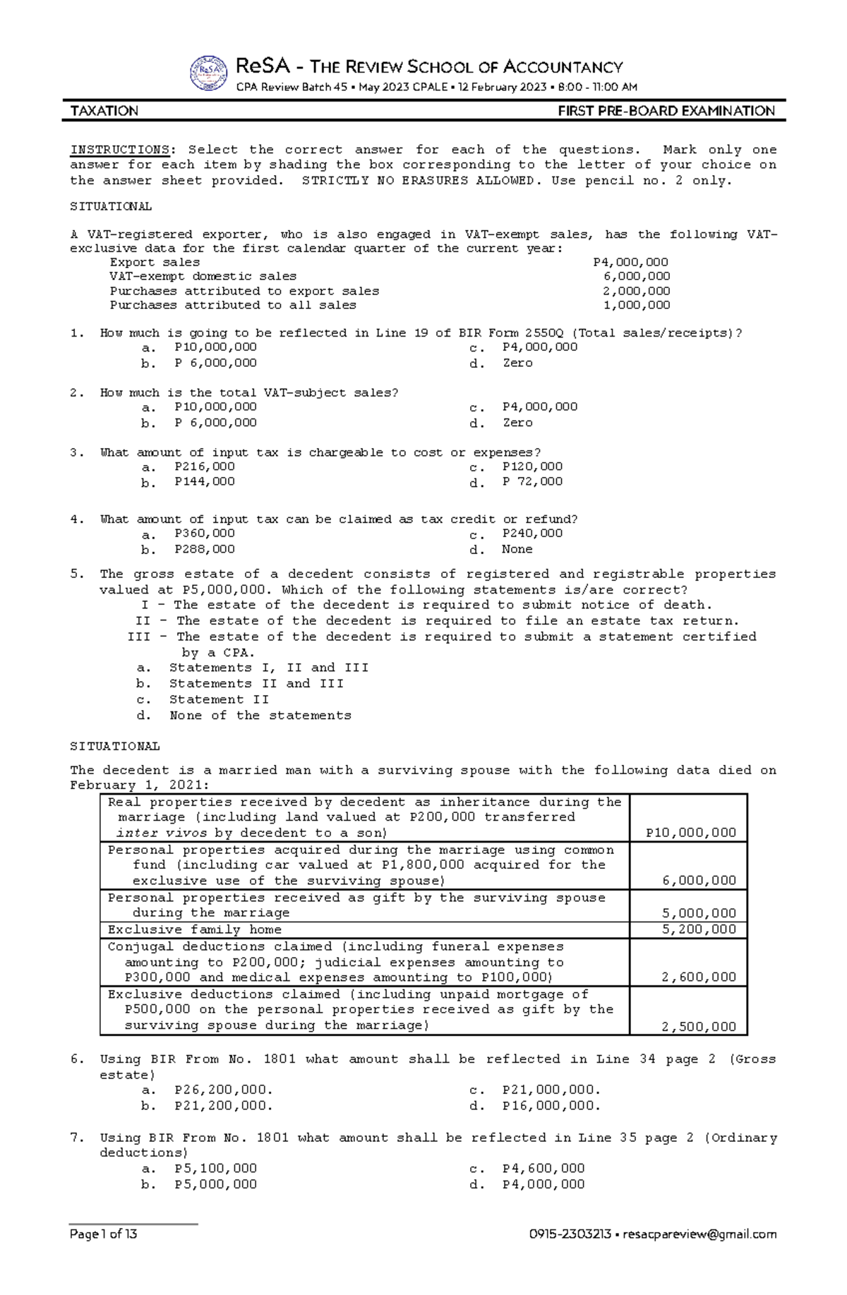 Re SA B45 TAX First PB Exam - Questions, Answers - ReSA - THE REVIEW ...