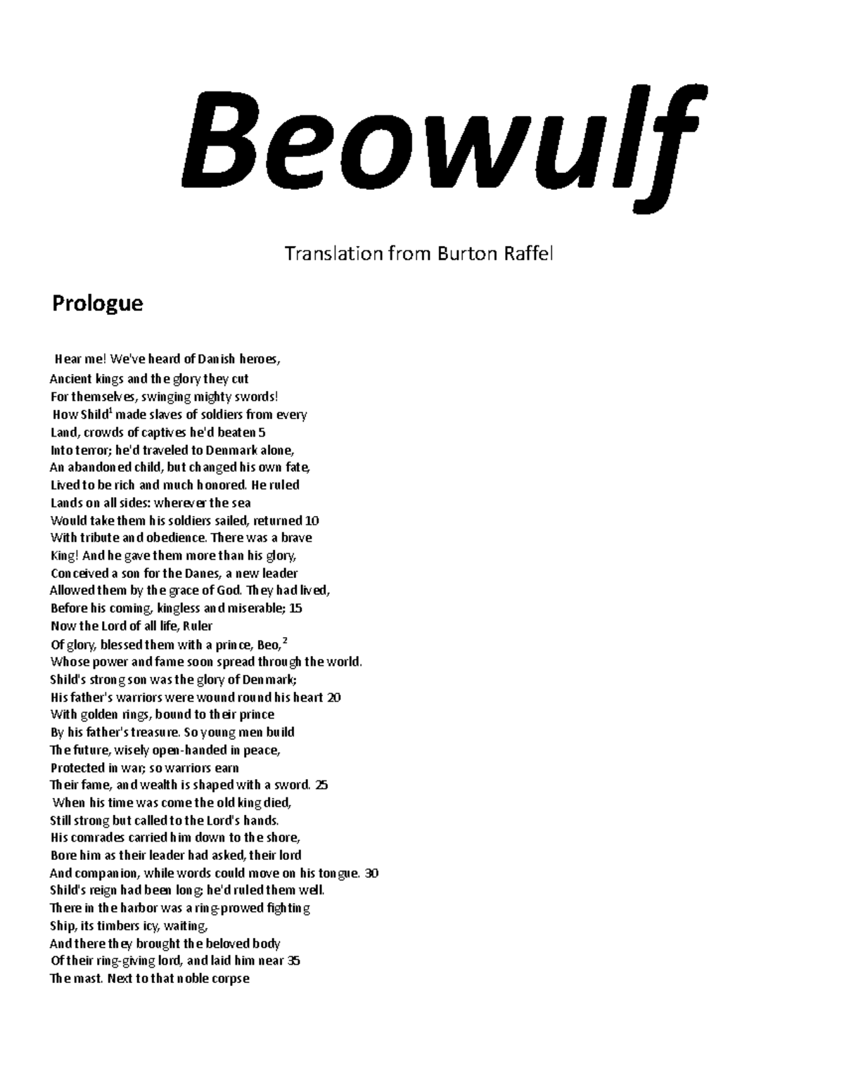 Munoz 2017 Burton Raffel Translation - Beowulf Translation from Burton ...