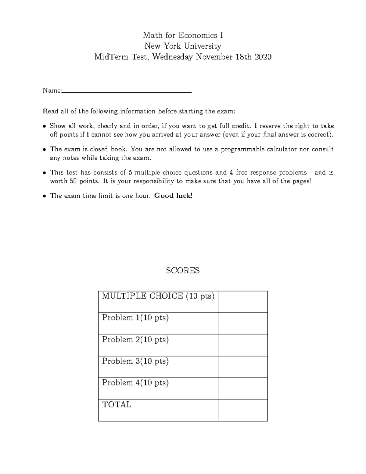 Second Midterm Exam Practice - Math for Economics I New York University ...