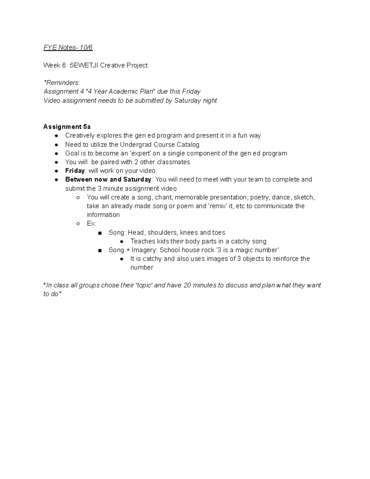 First Year Experience Notes - FYE Notes- 10/ Week 6: SEWETJI Creative ...