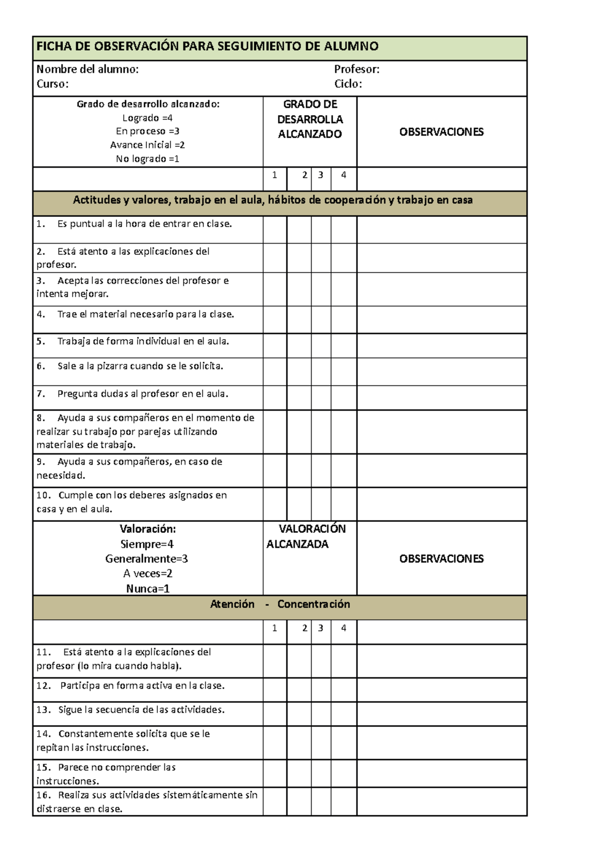Ficha de observación - Exámenes - FICHA DE OBSERVACIÓN PARA SEGUIMIENTO ...