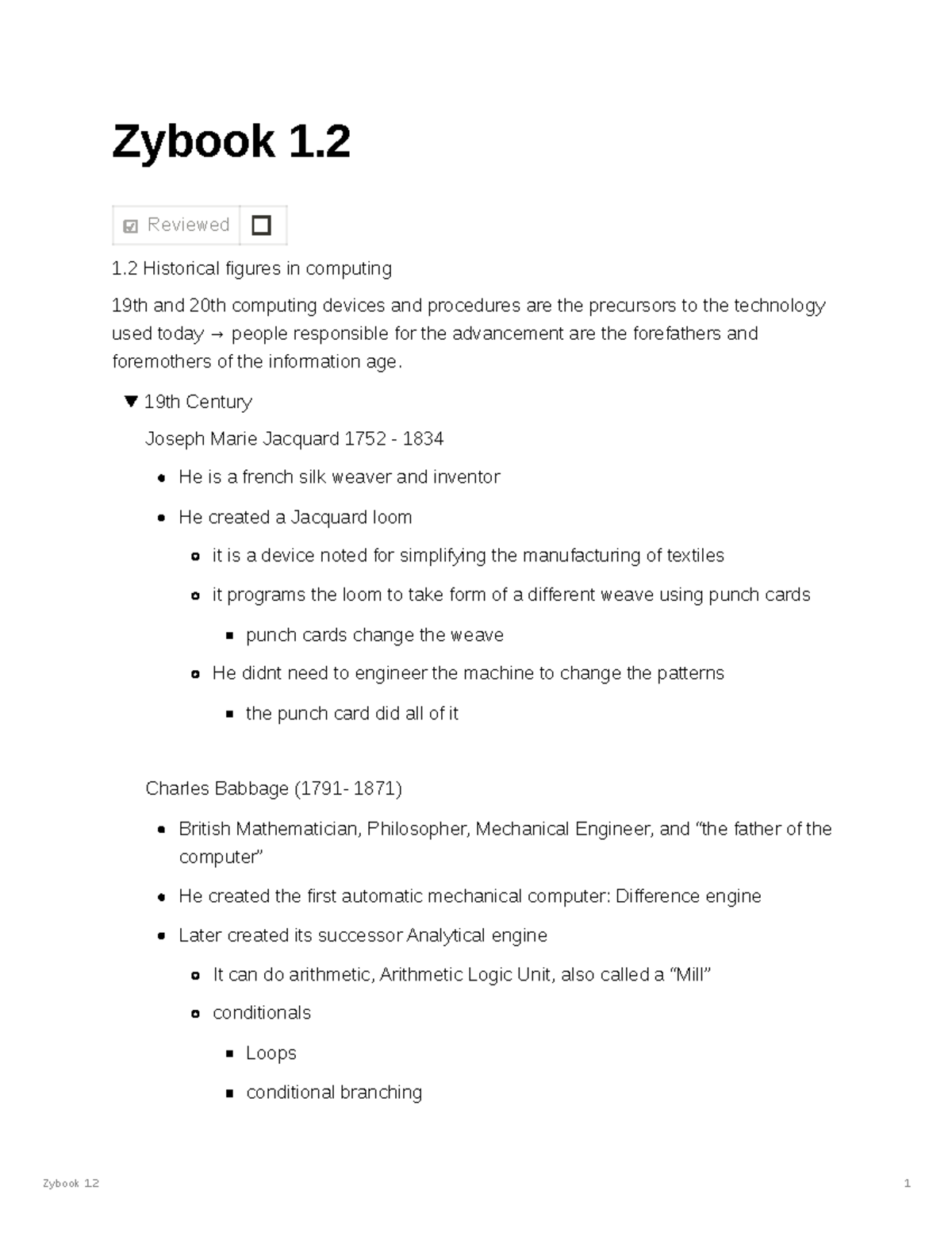 Zybook 1.2 notes - Zybook 1. Reviewed 1 Historical figures in computing ...