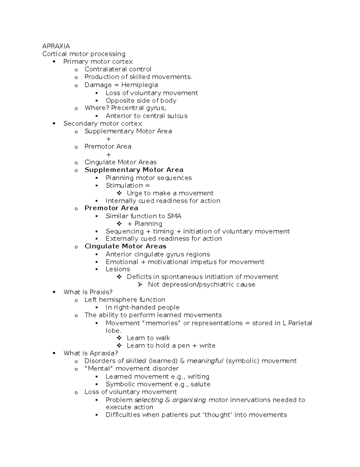 Apraxia - Note - APRAXIA Cortical motor processing Primary motor cortex ...
