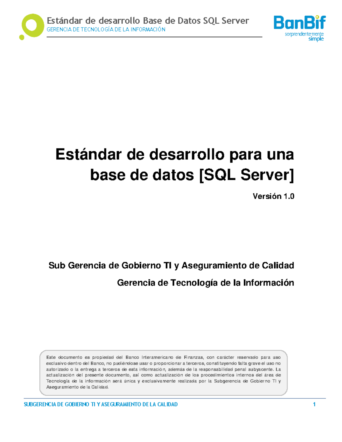 Estándar de Desarrollo Base de Datos [SQL Server] v1 - GERENCIA DE ...