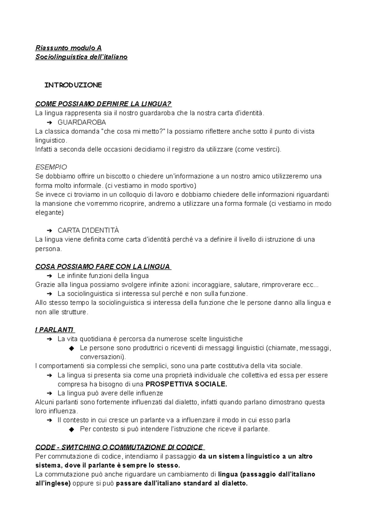 Riassunto modulo A Parte 1 - Riassunto modulo A Sociolinguistica dell ...