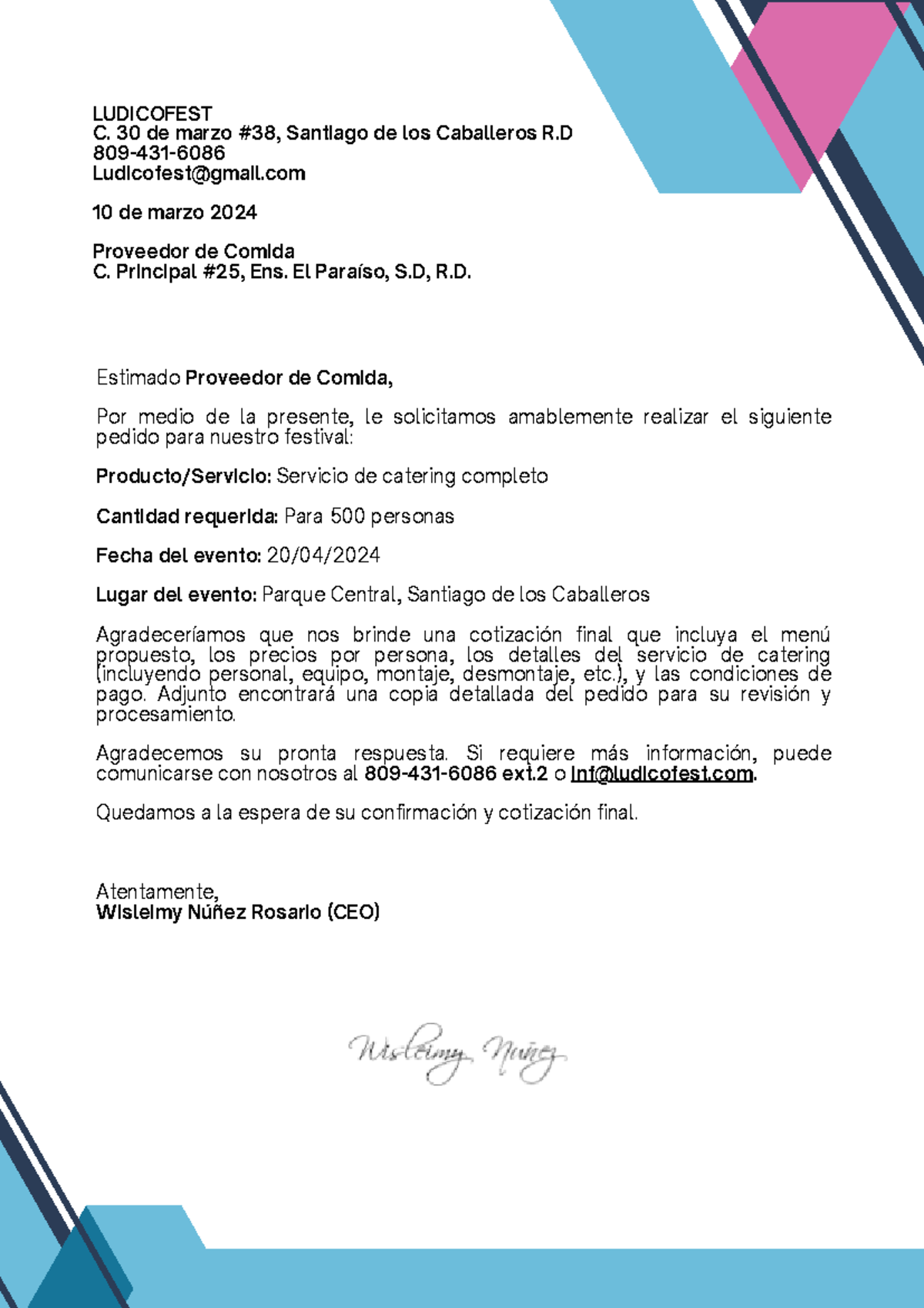 Carta de pedidos a proveedores - Estimado Proveedor de Comida, Por ...