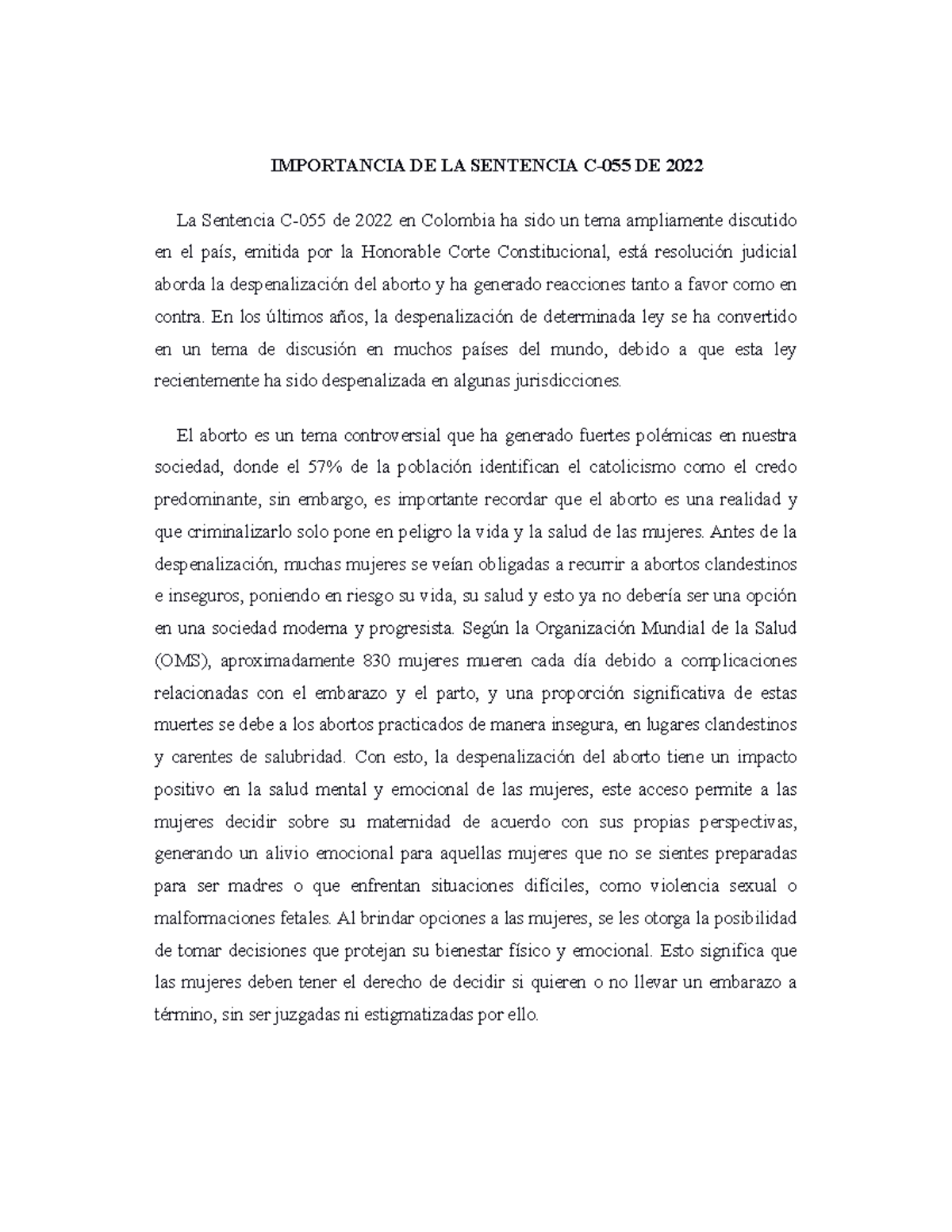 Importancia DE LA Sentencia C-055 DE 2022 - IMPORTANCIA DE LA SENTENCIA C-055 DE 2022 La ...