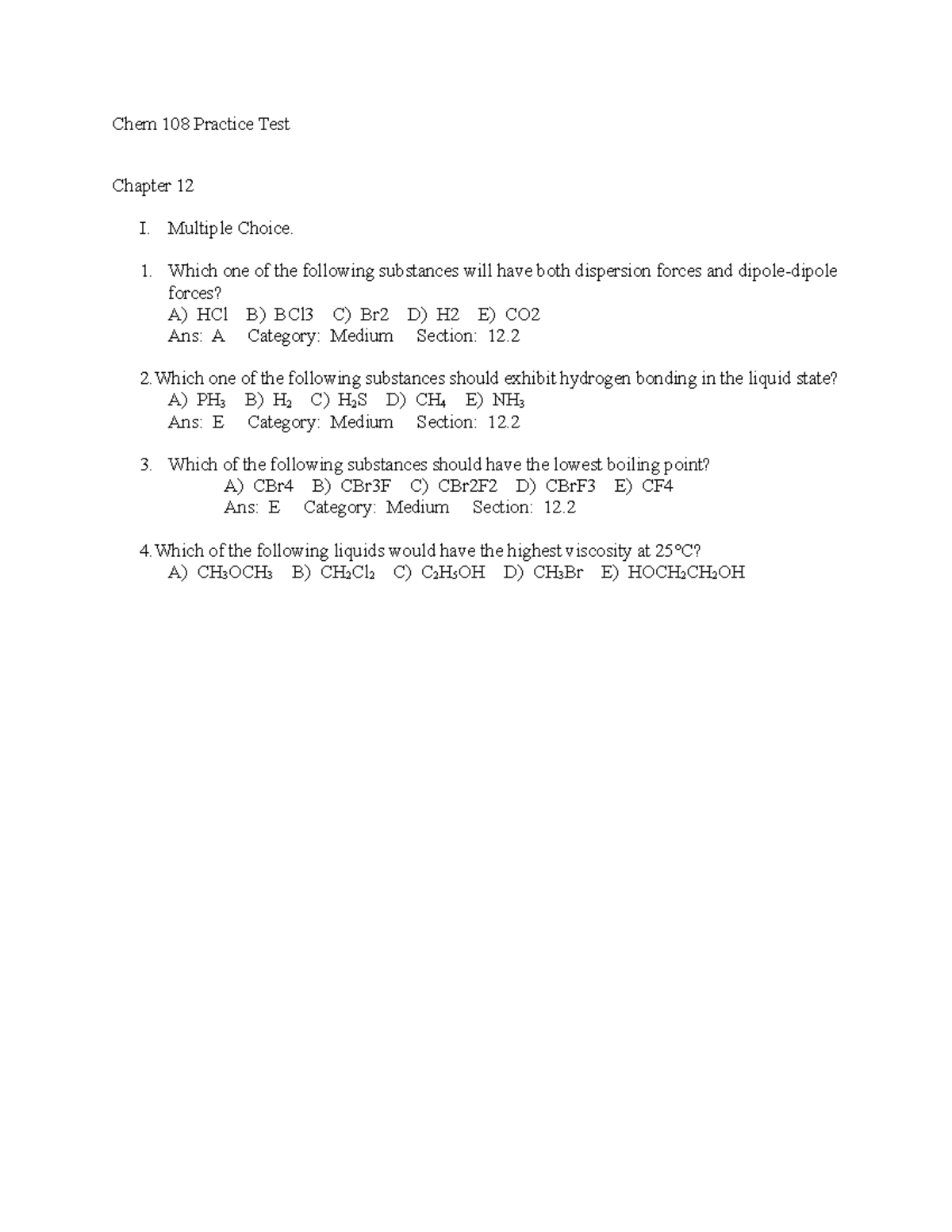 Chem108Fall13-PT-Ch12 - Chem 108 Practice Test Chapter 12 I. Multiple ...