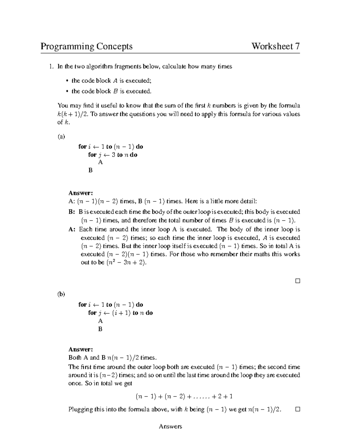 Answer Sheet For Worksheet 7 In The Two Algorithm Fragments Below