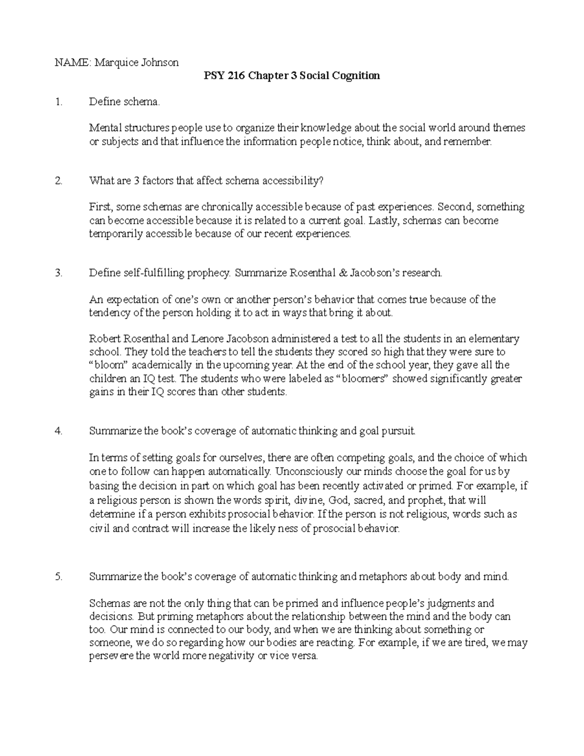 PSY 216 Chapter 3 Social Cognition-2 - NAME: Marquice Johnson PSY 216 Chapter 3 Social Cognition ...