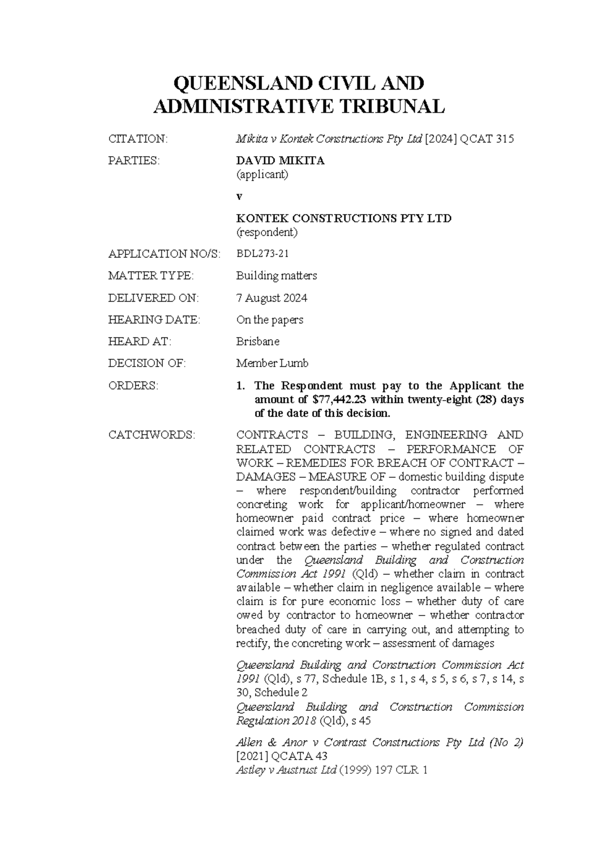 2024 qcat 315 368860 - Lecture notes - QUEENSLAND CIVIL AND ...