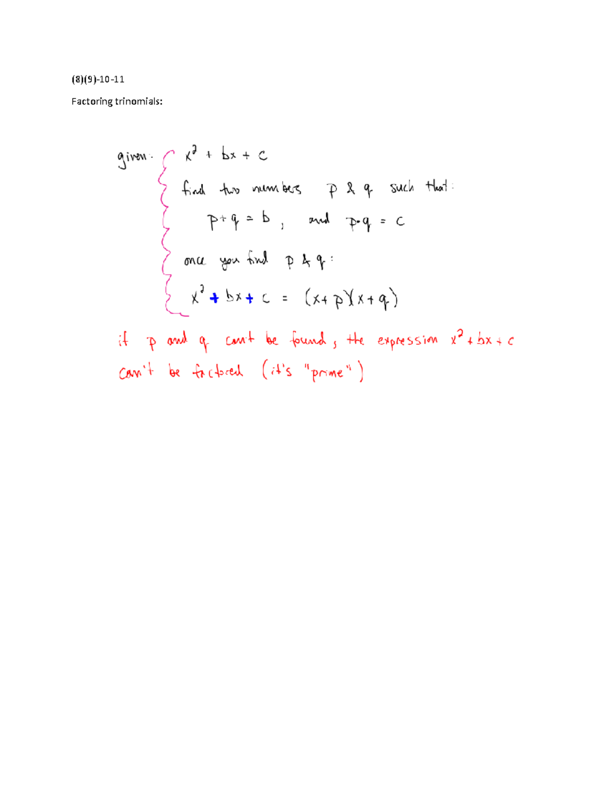 Math 206 full notes - (8)(9)-10- Factoring trinomials: Difference of ...
