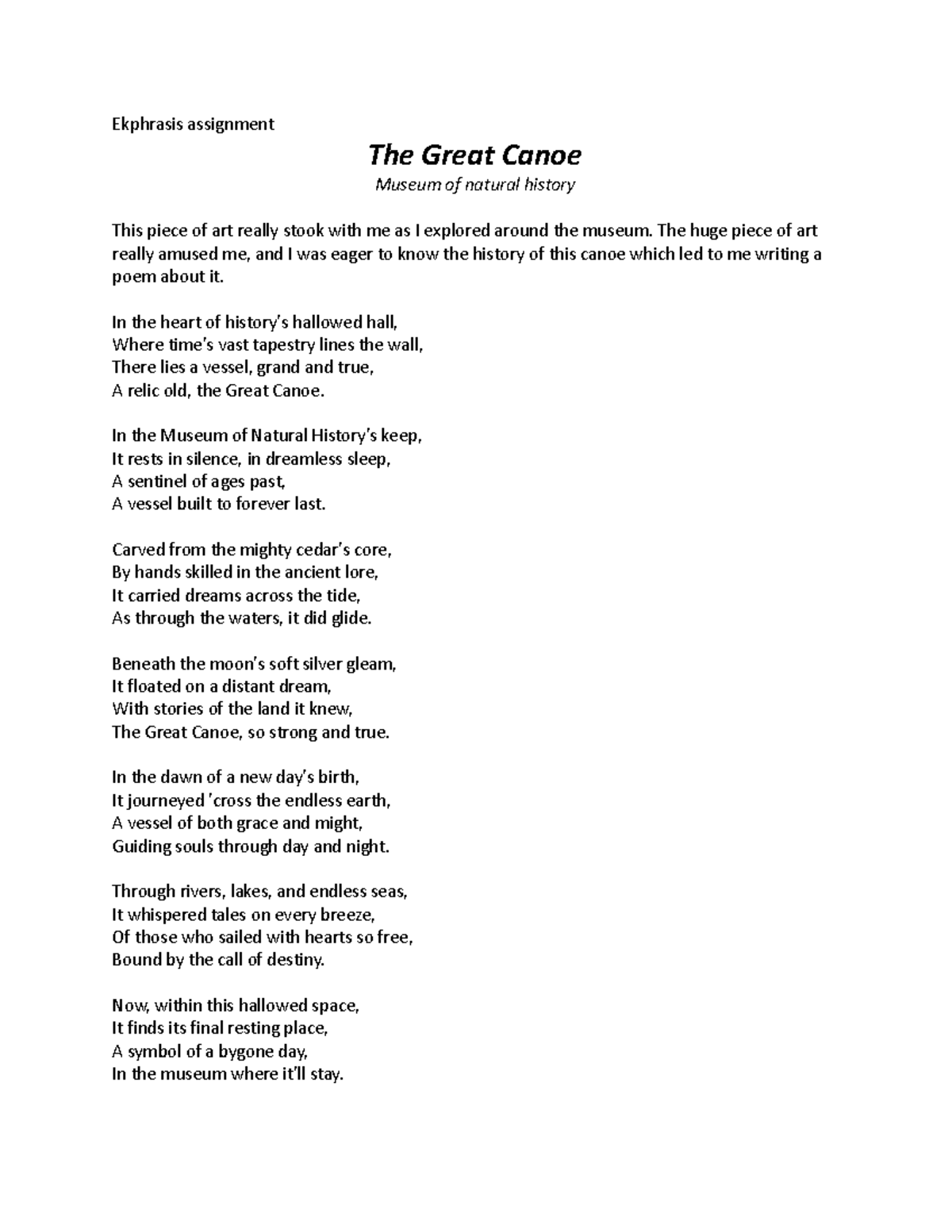 Ekphrasis assignment - a creative poem used on the art in the museum of ...