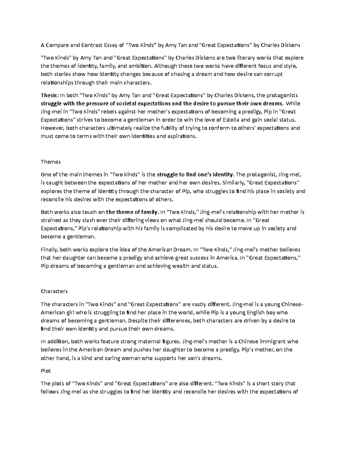 Notes on final 211 - A Compare and Contrast Essay of “Two Kinds” by Amy ...