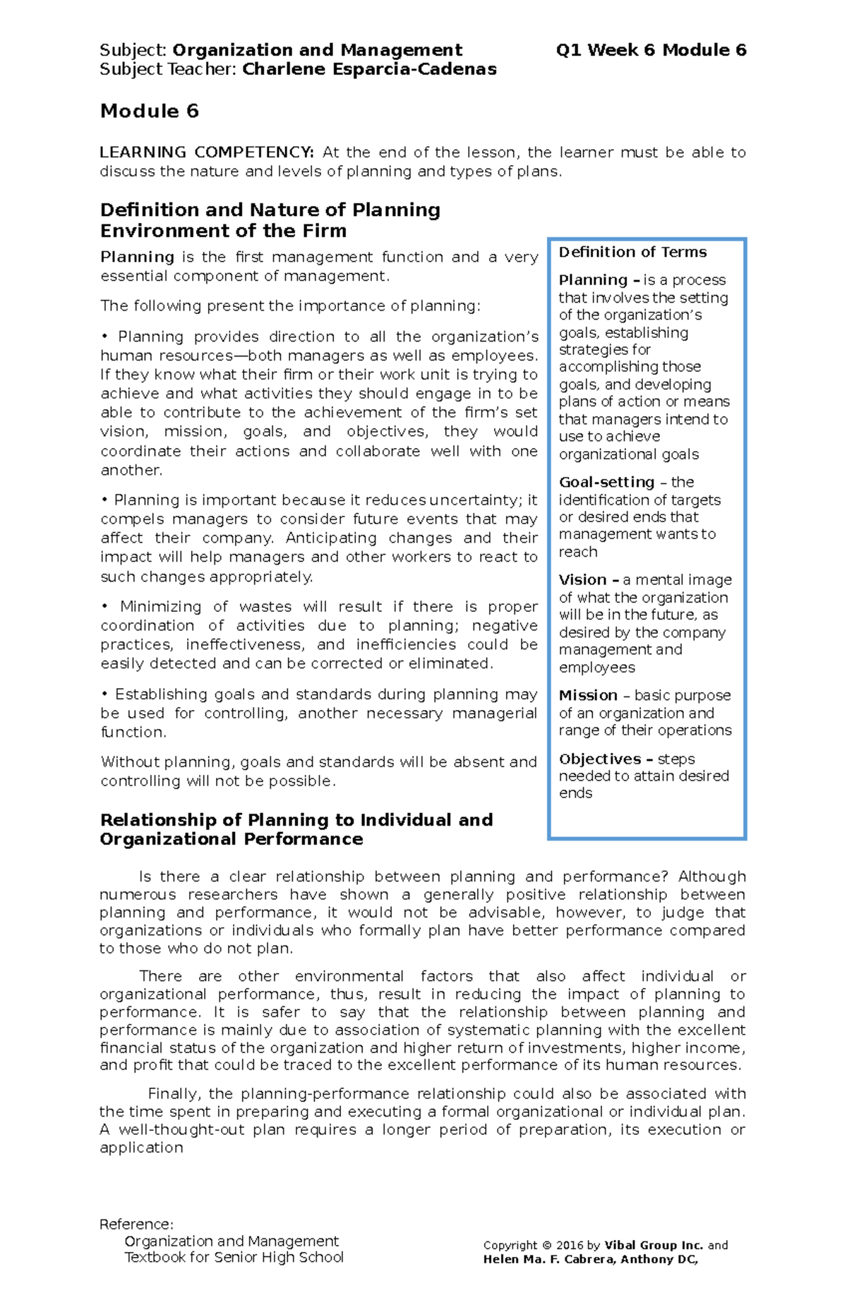 Q1 W6 Mod6 Nature Of Planning - Subject Teacher: Charlene Esparcia ...