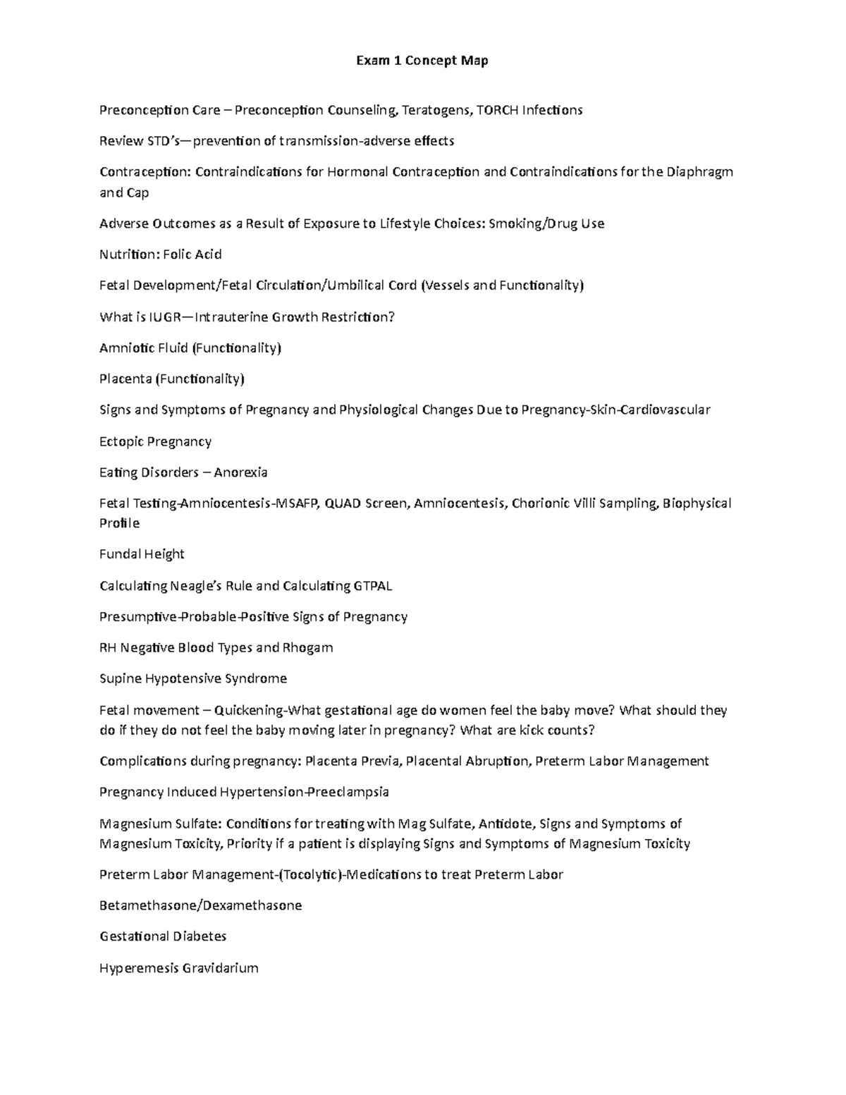 Exam 1 Concept Guide - Exam 1 Concept Map Preconception Care ...