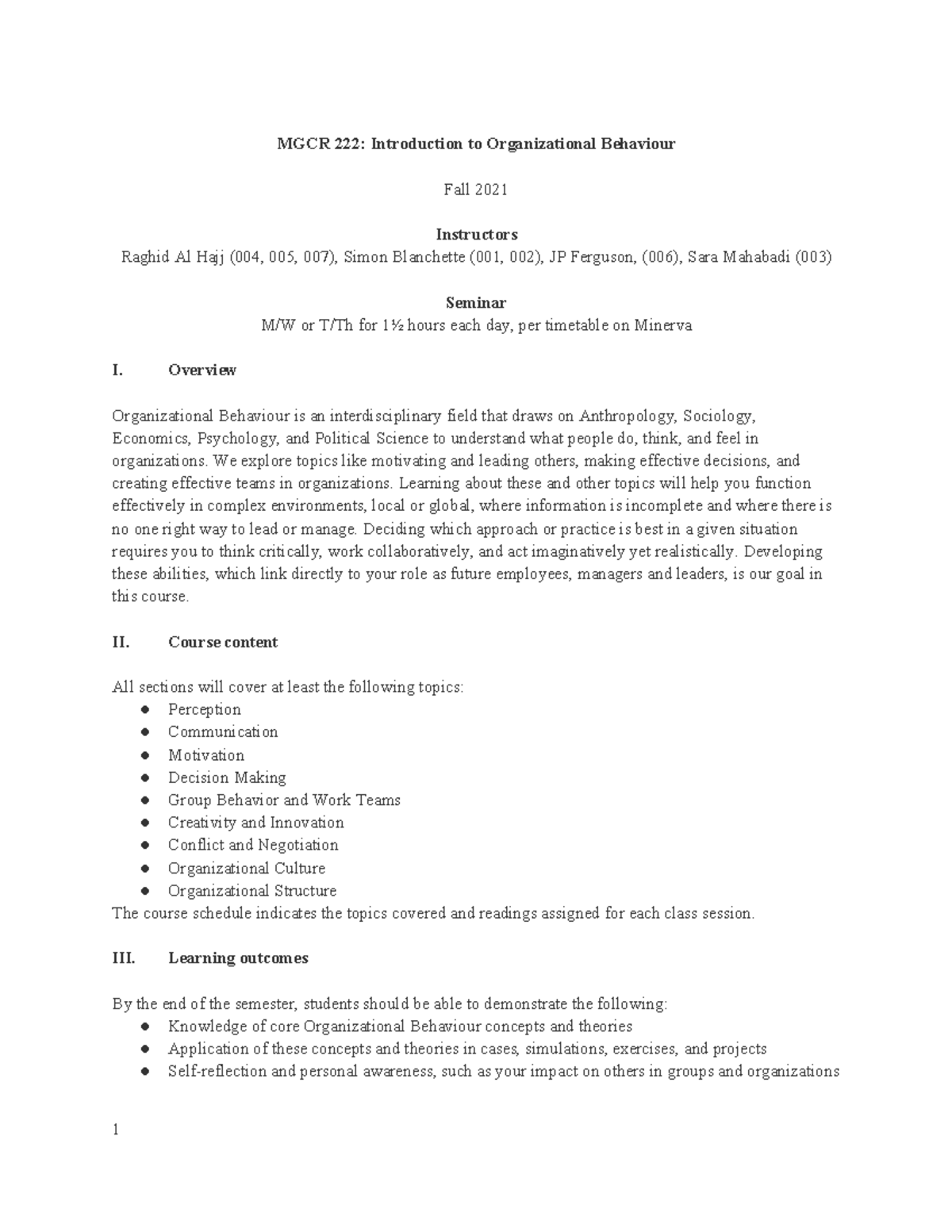 Syllabus - OB - MGCR 222: Introduction to Organizational Behaviour Fall 202 1 Instructors Raghid ...