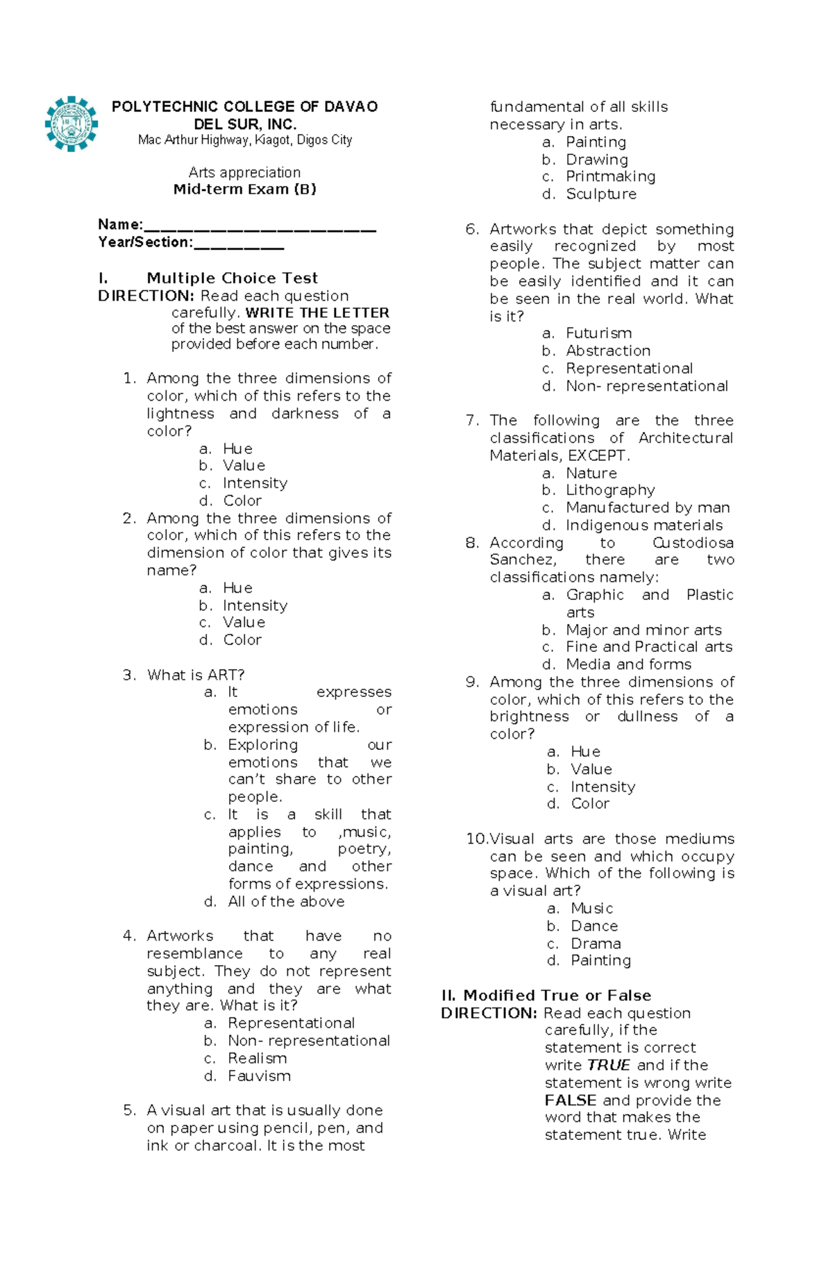 Midterm EXAM. SET B - Lesson 1-3 Coverage - POLYTECHNIC COLLEGE OF DAVAO DEL SUR, INC. Mac ...