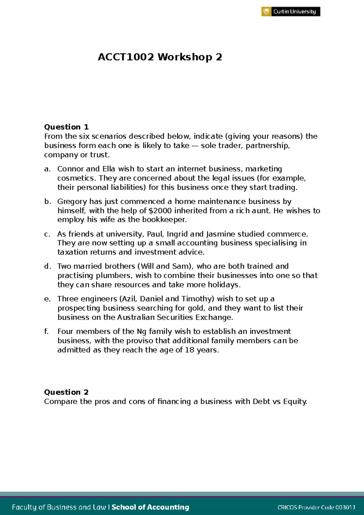 ACCT1002 M2 Workshop Questions - ACCT1002 Workshop 2 Question 1 From ...