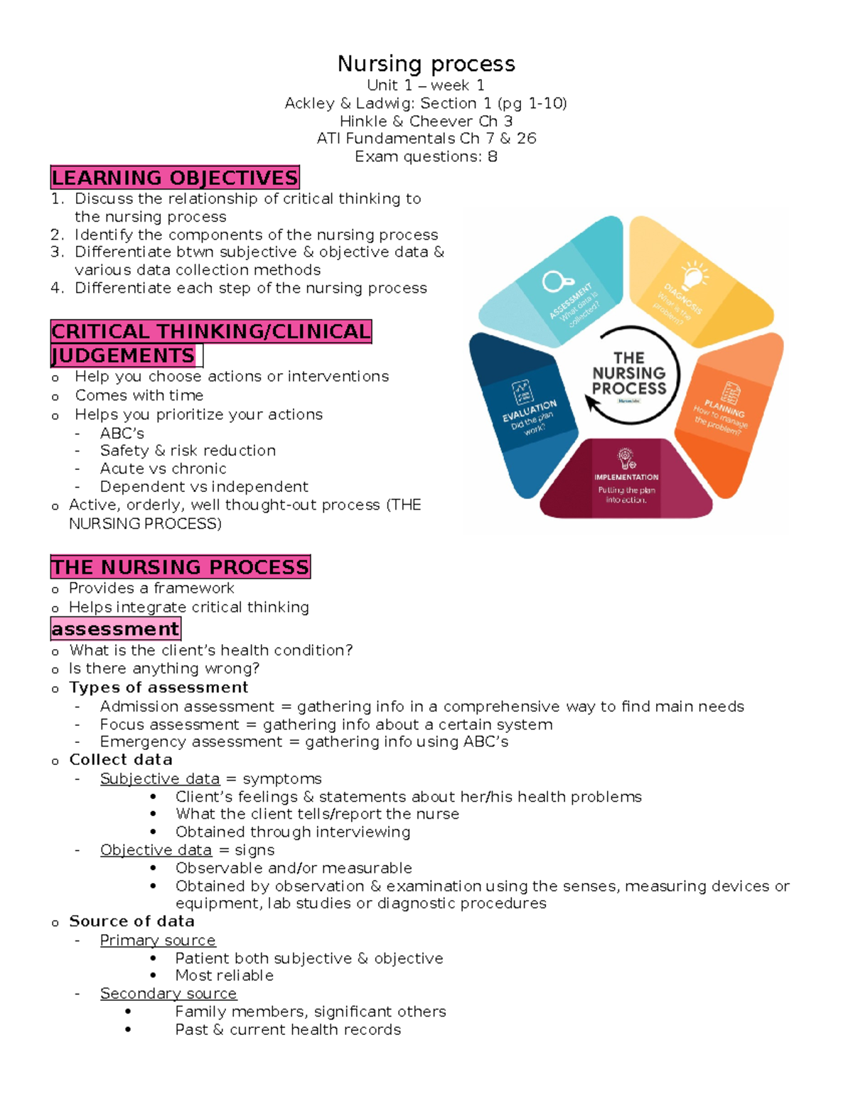 Nursing process - Nursing process Unit 1 – week 1 Ackley & Ladwig ...