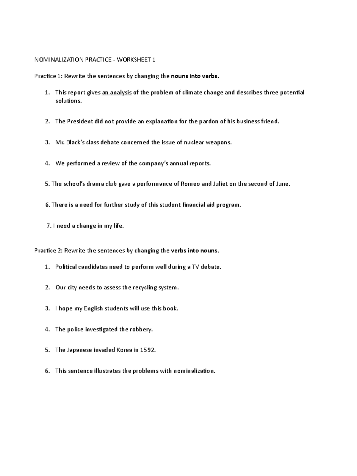 Students Nominalization Practice - NOMINALIZATION PRACTICE - WORKSHEET ...