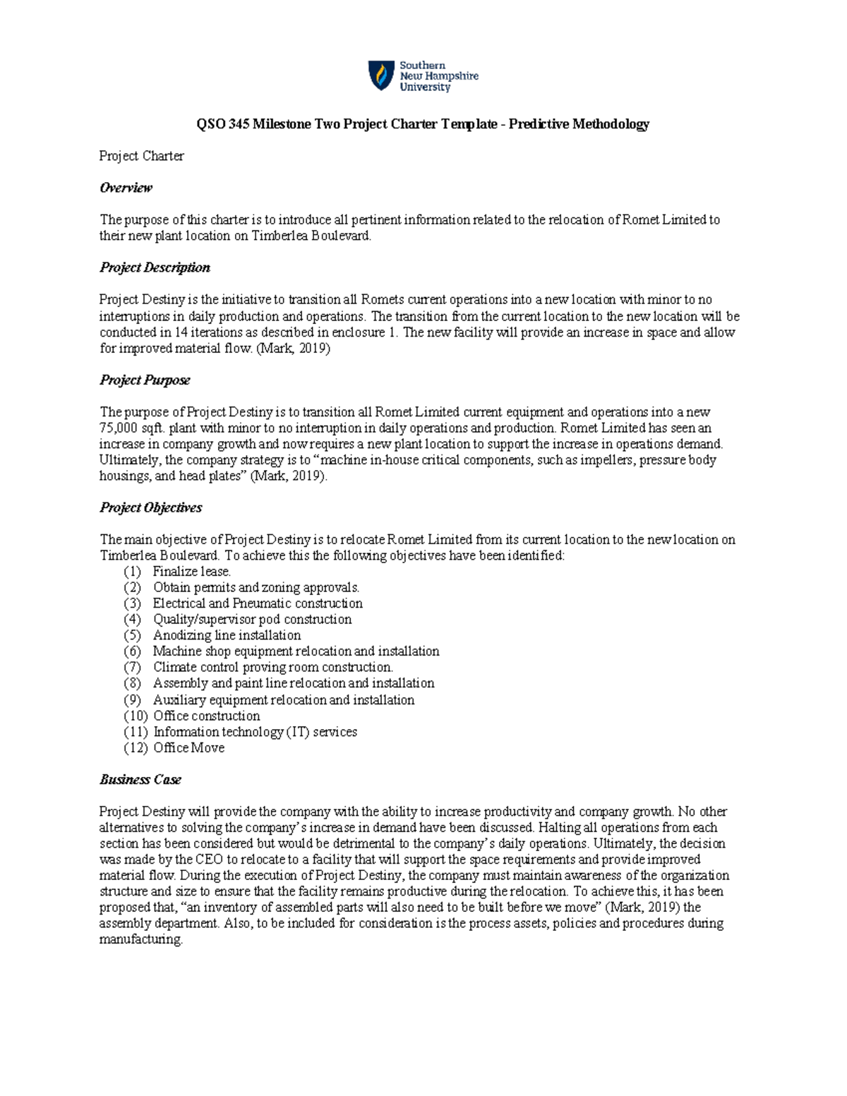 QSO 345 Milestone Two Project Charter Template - Predictive - Project ...