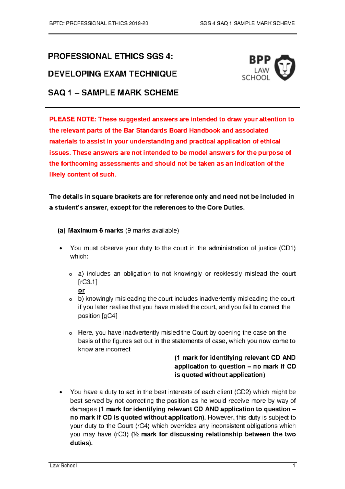 Professional Ethics SAQ 1 answers - BPTC: PROFESSIONAL ETHICS 2019 -20 SGS 4 SAQ 1 SAMPLE MARK ...