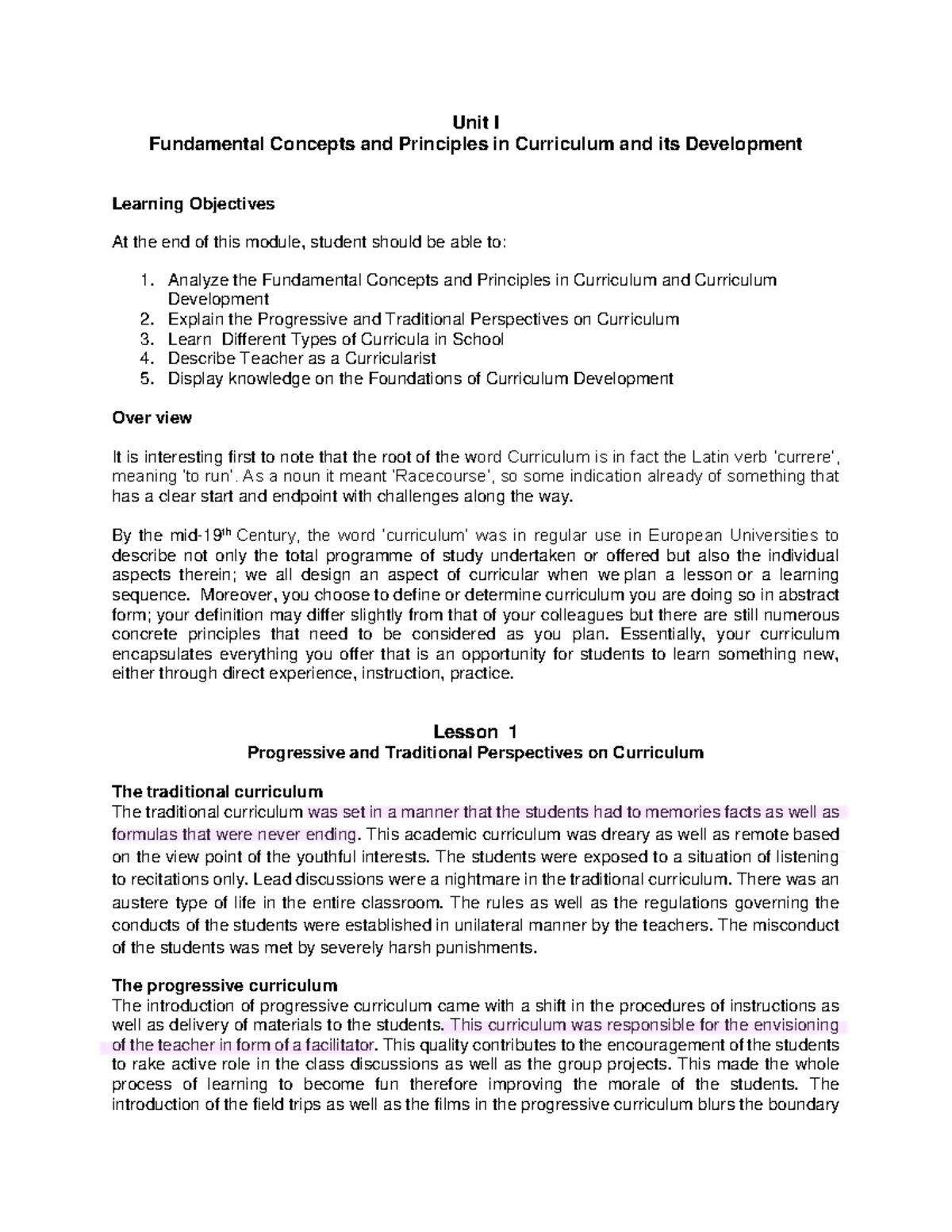 Unit I The Teacher and the School Curriculum - Unit I Fundamental ...