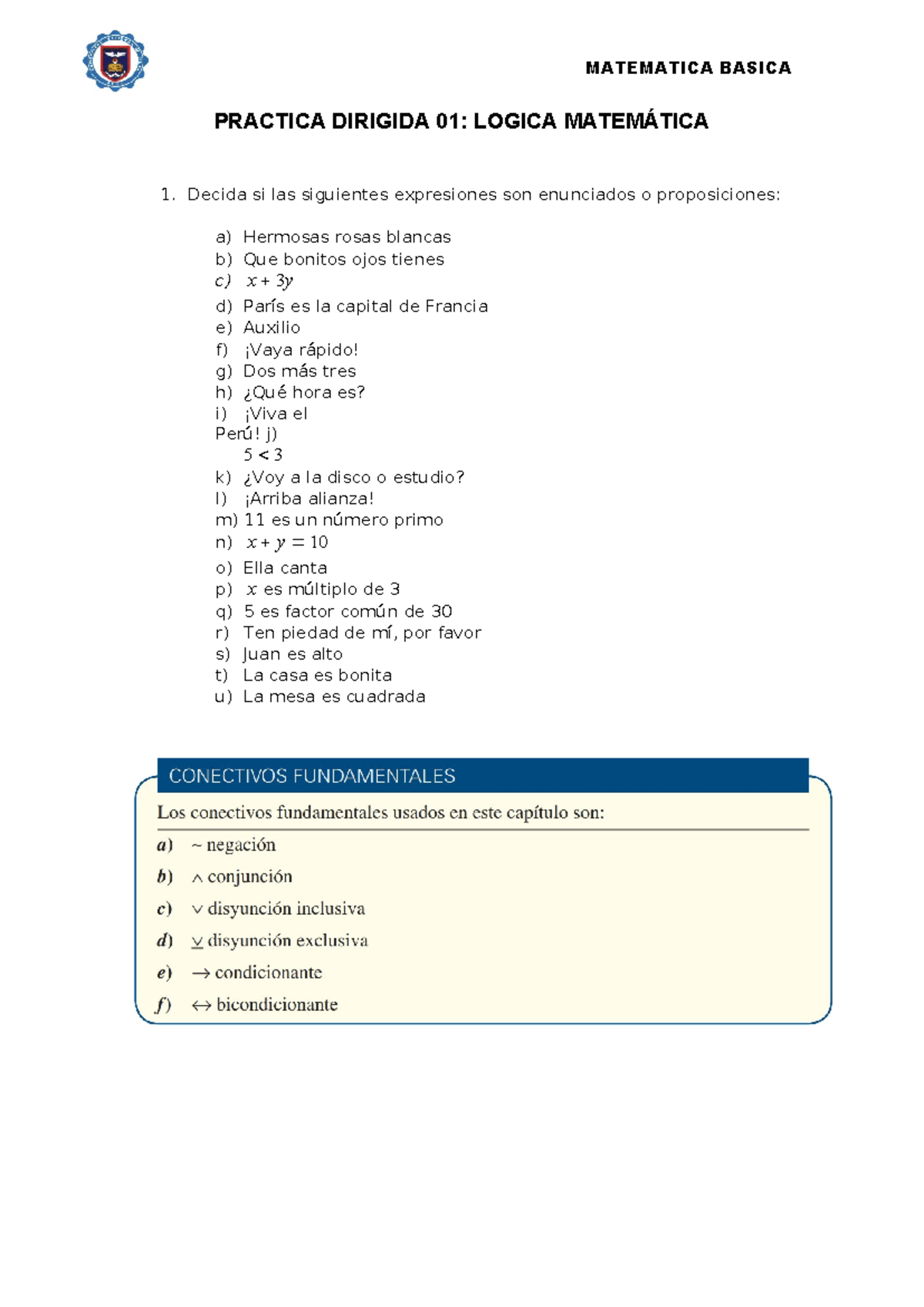 Practicando Logica Matematica - MATEMATICA BASICA PRACTICA DIRIGIDA 01: LOGICA MATEMÁTICA 1 ...