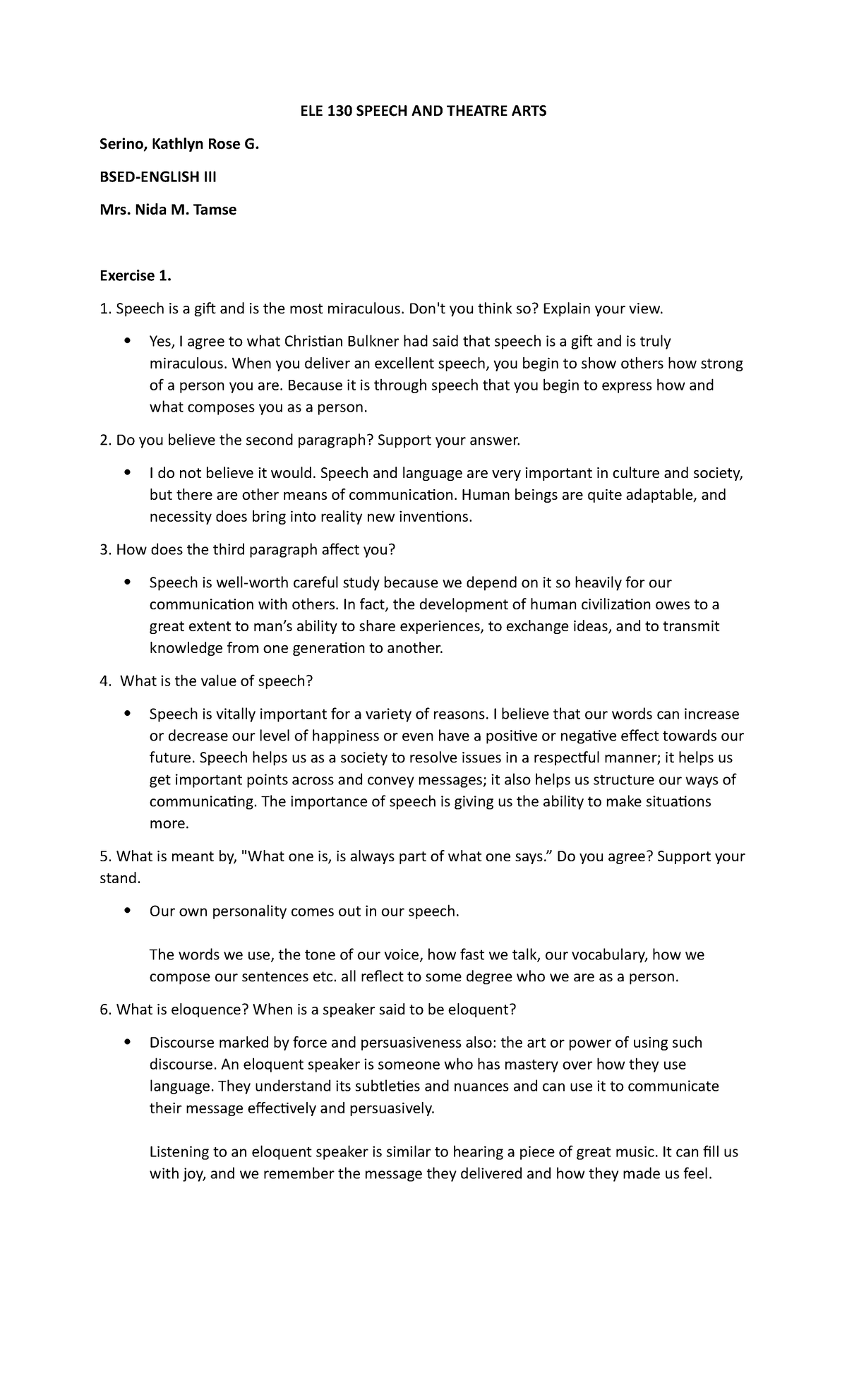 Ele 130 exercise 1 - For internship purposes only - ELE 130 SPEECH AND ...