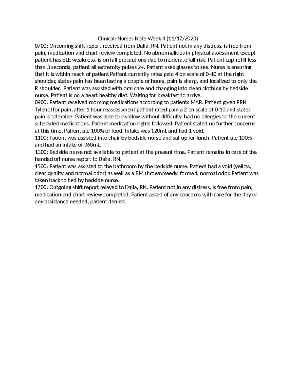 Week 3 Note - Nurses note week 3 - Clinical: Nurses Note Week 4 (11/17 ...