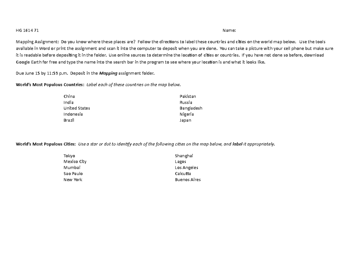 World Mapping Assignment - HG 1614 71 Name: Mapping Assignment: Do you ...