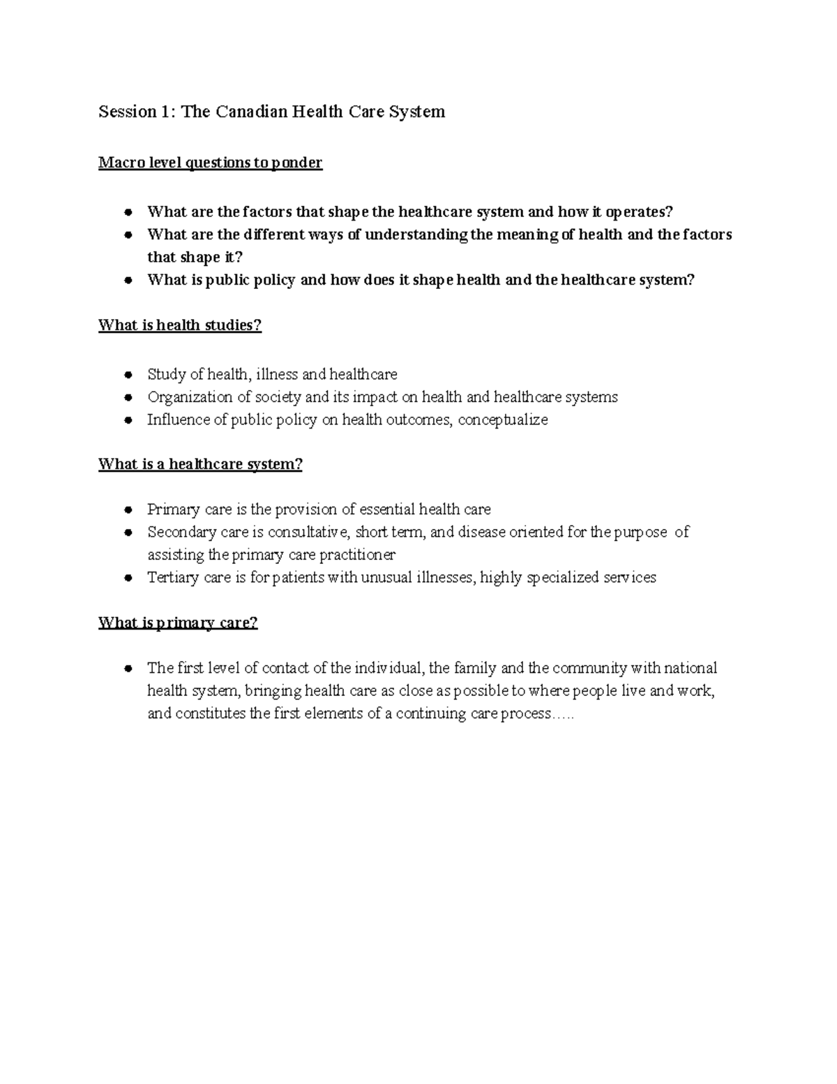 Foundations of health studies I notes - Session 1: The Canadian Health ...