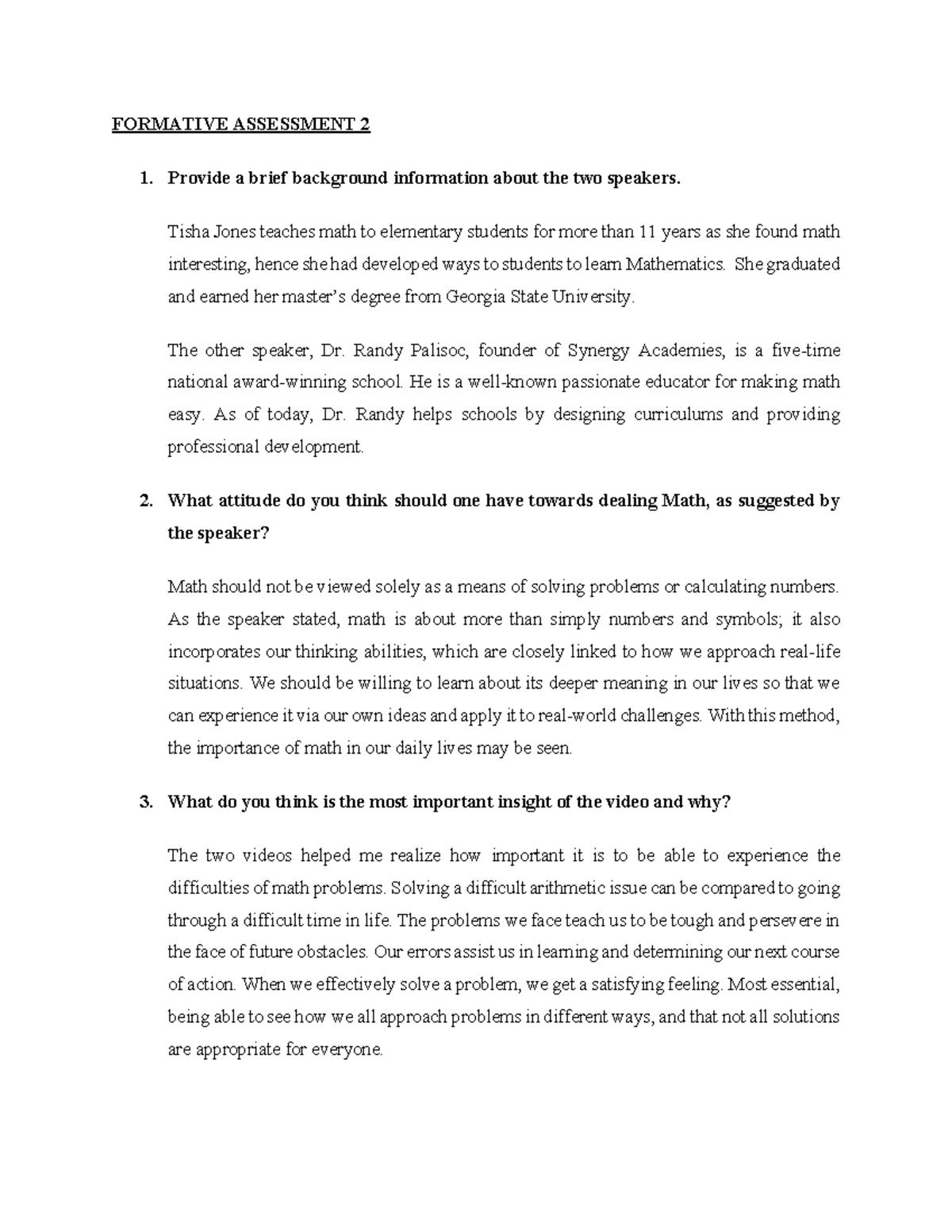 Formative Assessment 2 - Sequences and Patterns - FORMATIVE ASSESSMENT ...