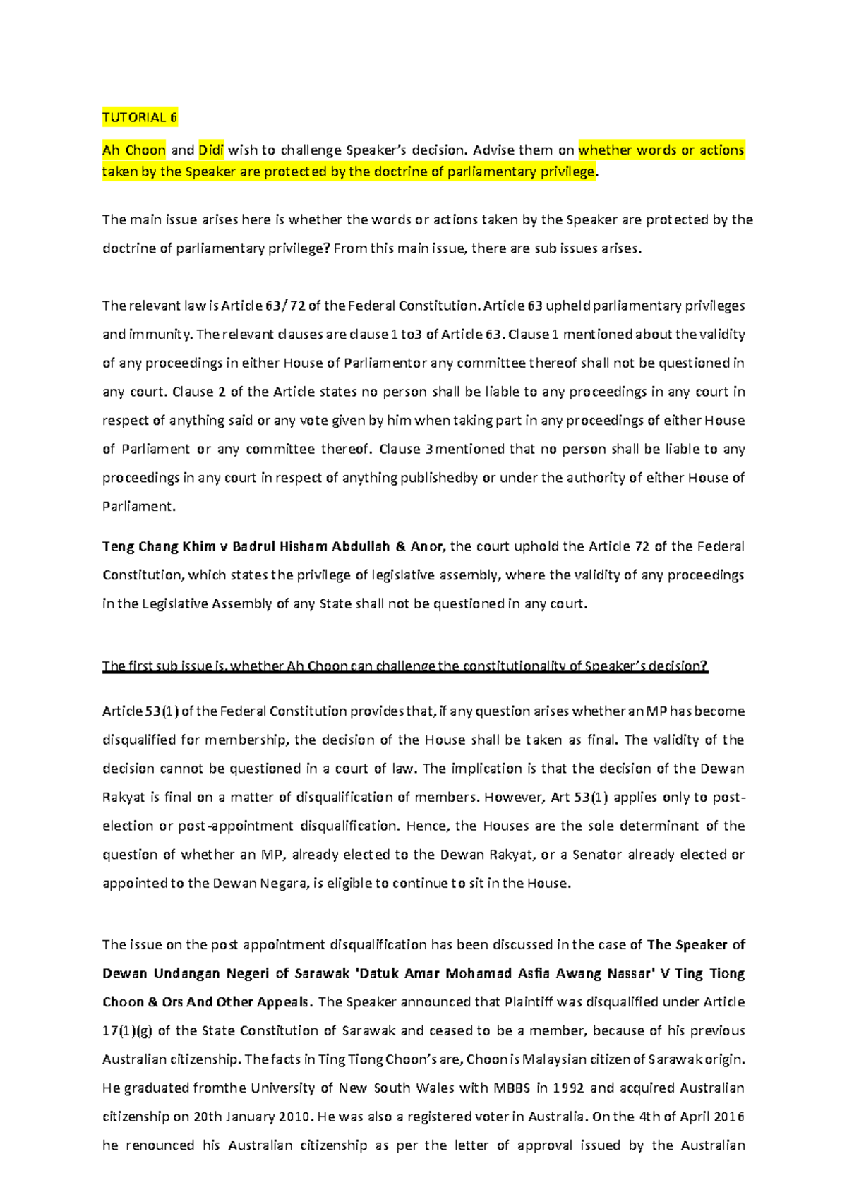 Answer Tutorial 6 - Zzzz - TUTORIAL 6 Ah Choon and Didi wish to ...