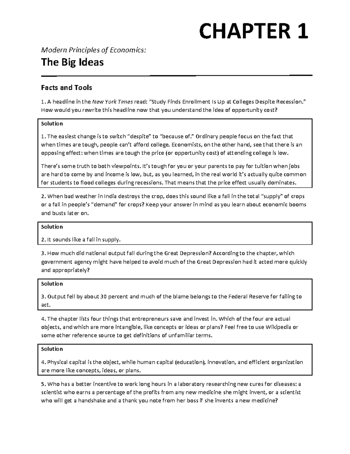 Chapter 1 Solutions - CHAPTER 1 Modern Principles of Economics: The Big ...