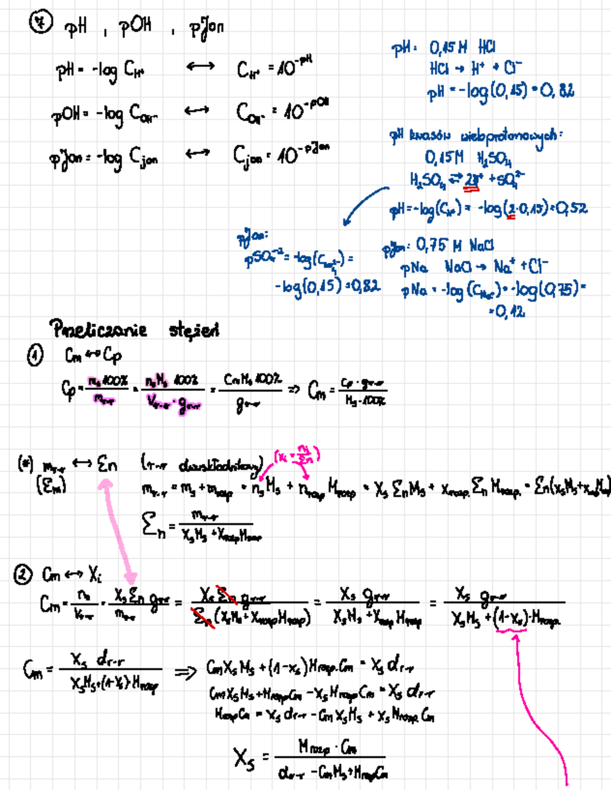 Stężenia i ich przeliczanie - ⑦ pH , pOH , pon pH : 0 , 15M HC pH = log Cn + Ch + = 10 PH HC1 ...