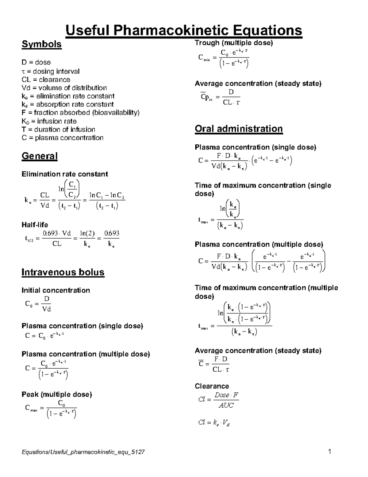 Useful Pharmacokinetic Equations - Useful Pharmacokinetic Equations ...