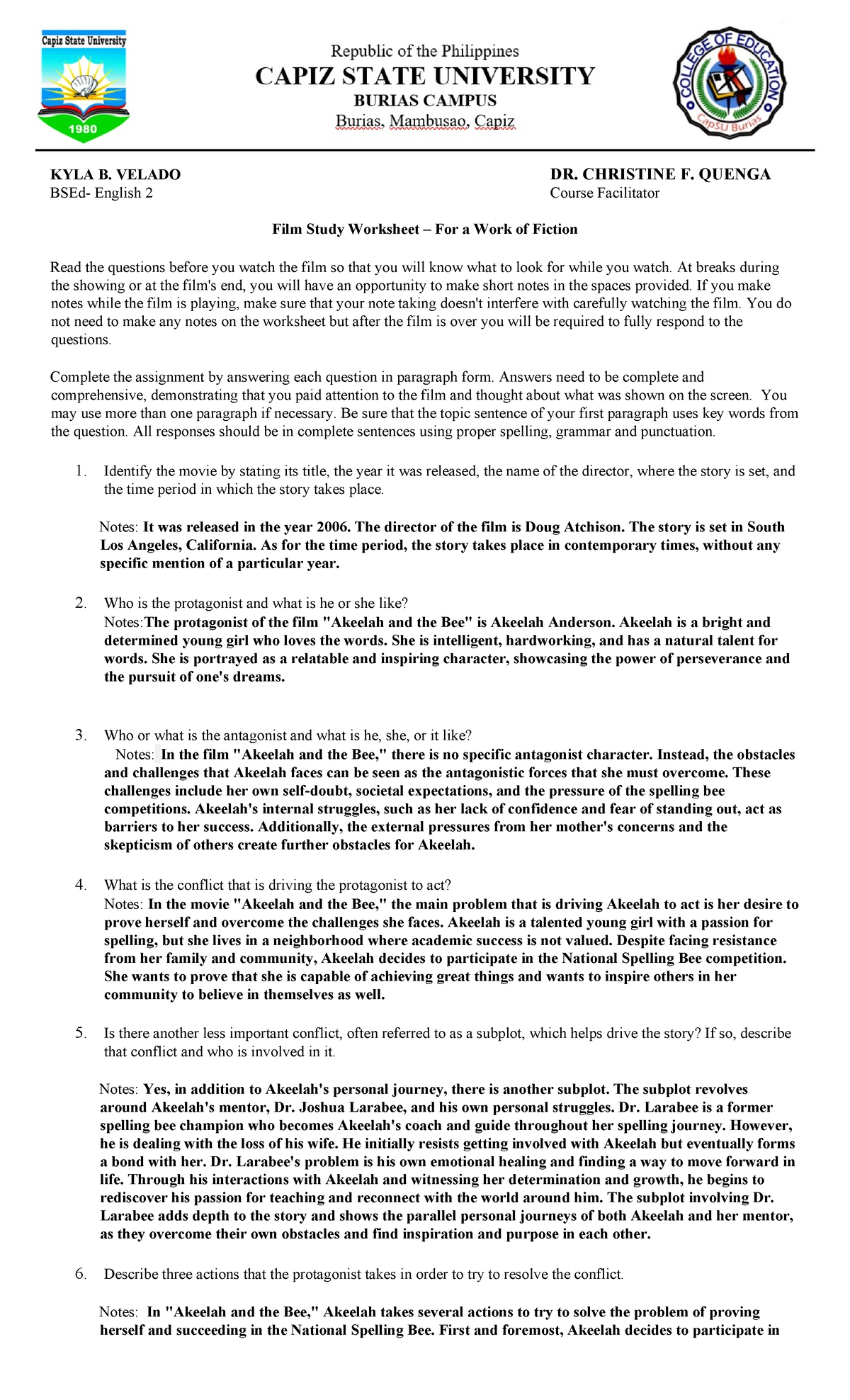 FILM-AS- Literature- Worksheet (Kyla) - KYLA B. VELADO DR. CHRISTINE F ...