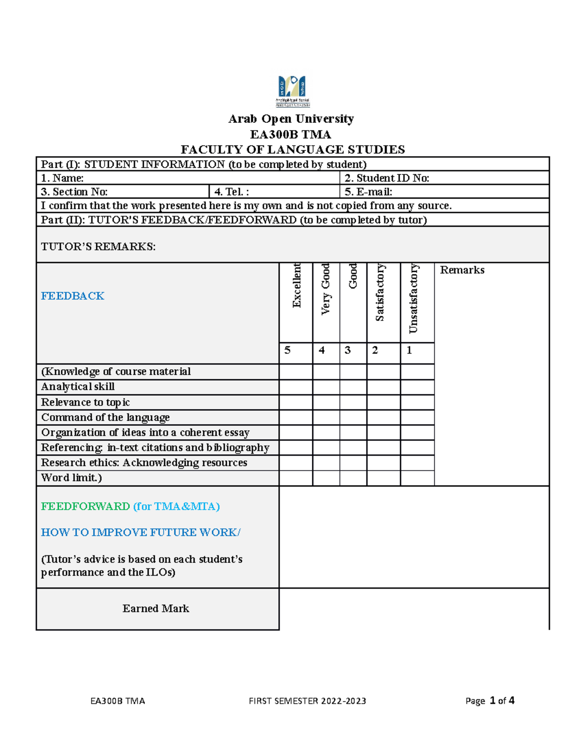 EA300B TMA KSA First Semester 2022-2023 - Arab Open University EA300B ...