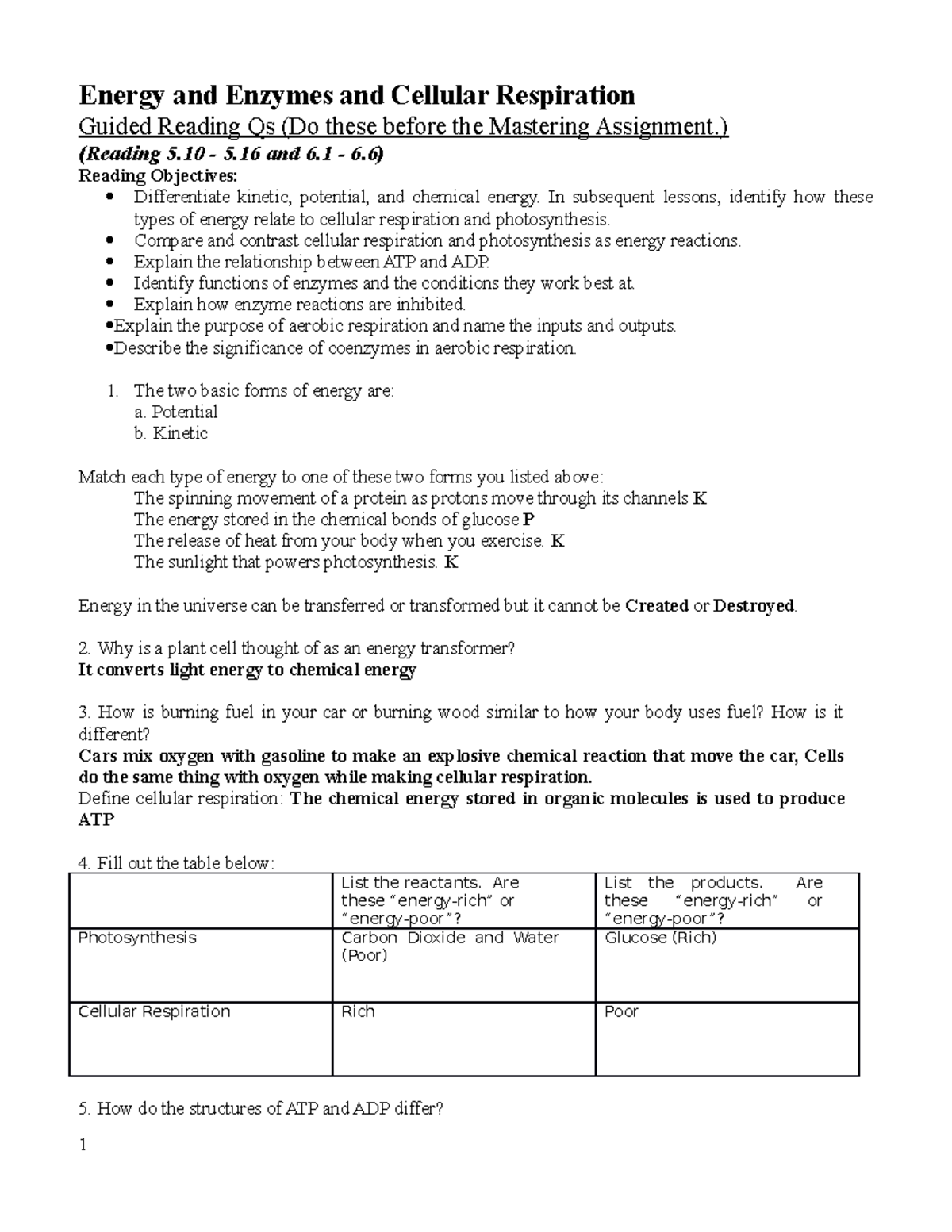 Lesson 6 GRQs Energy and Enzymes and Cellular Respiration - BIOL 101 ...