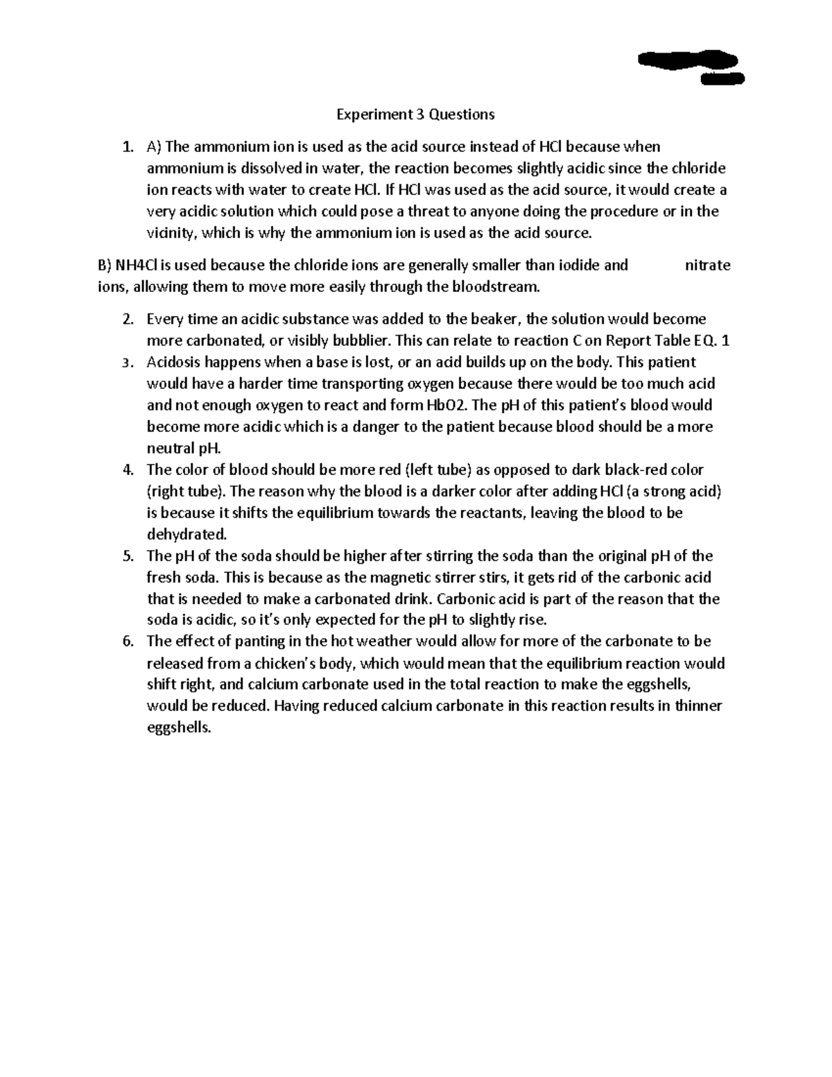 Exp 3 - Questions - Villeneuve-Wint Khan Experiment 3 Questions A) The ammonium ion is used as ...